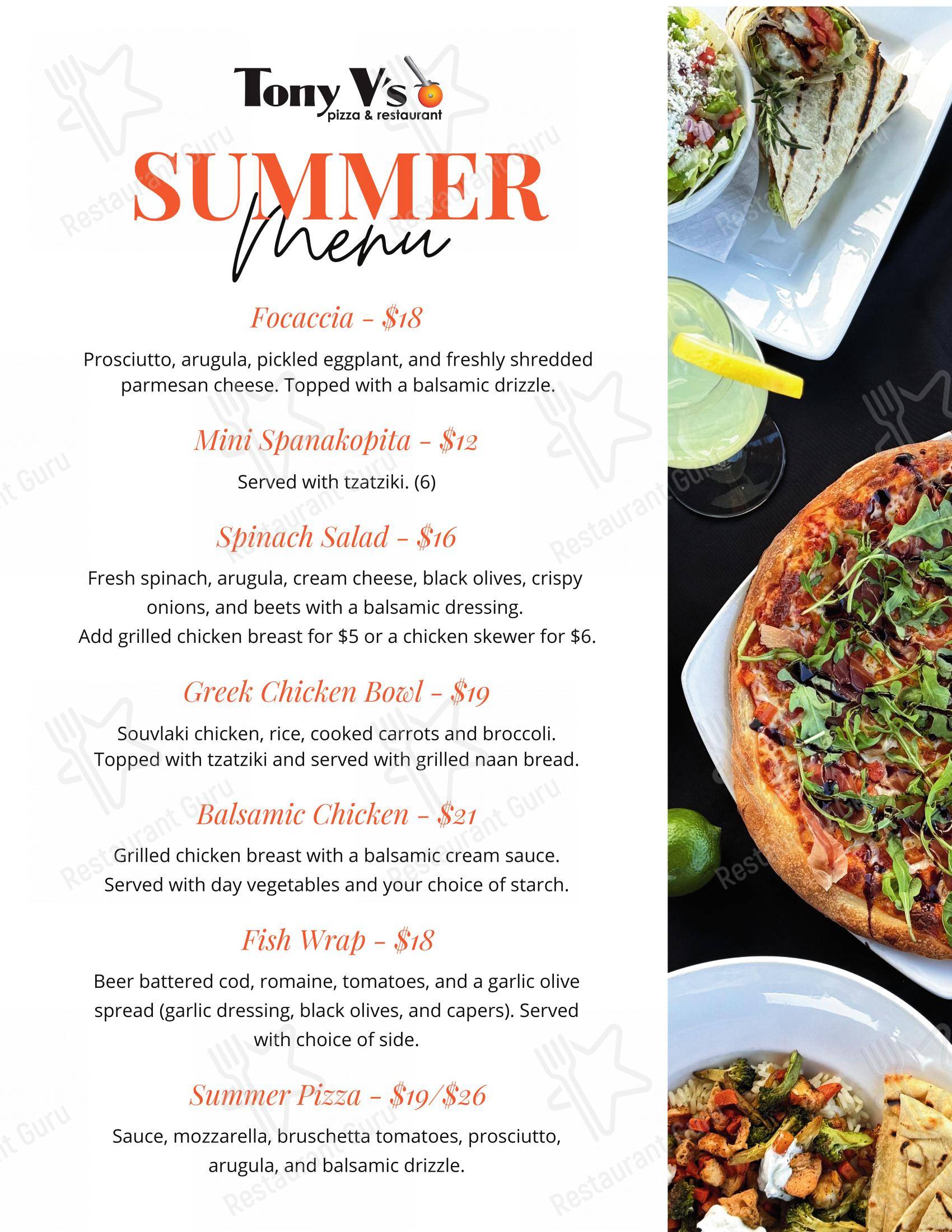 Menu at Tony V's Pizza & Restaurant, Sudbury