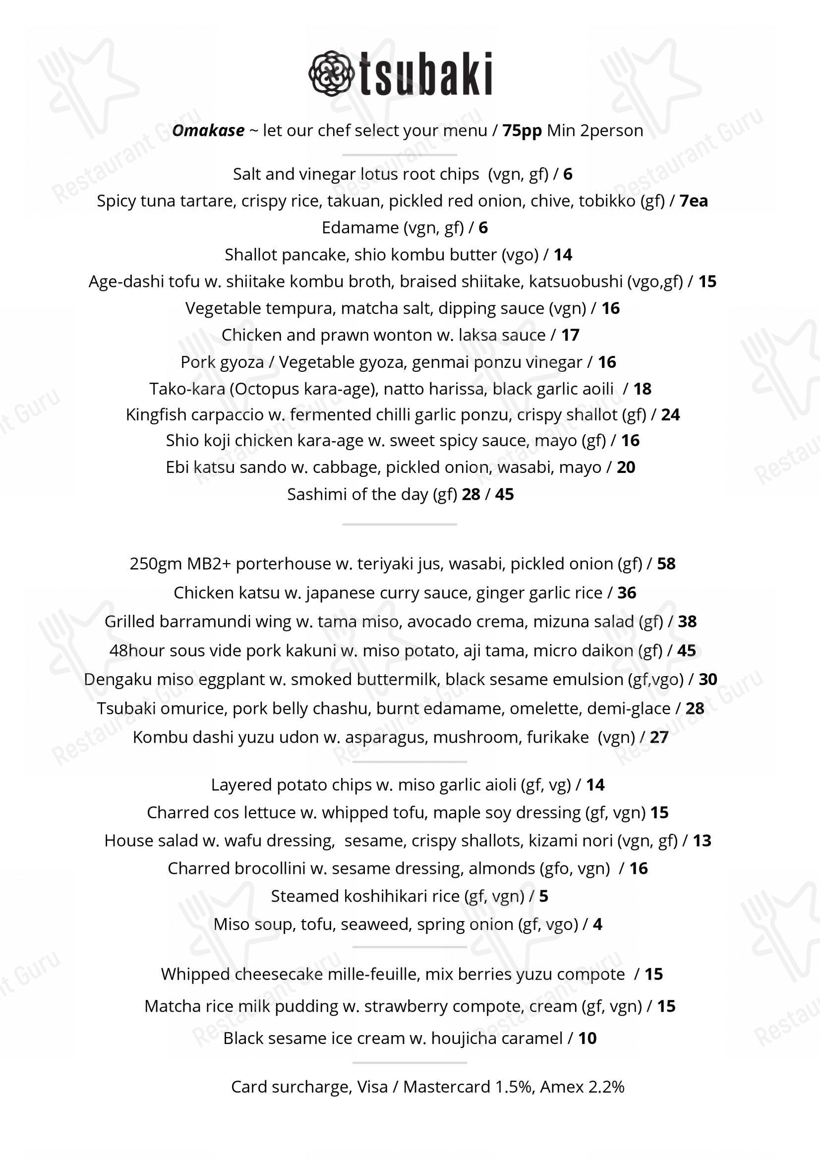 Menu at Tsubaki restaurant, Beulah Park