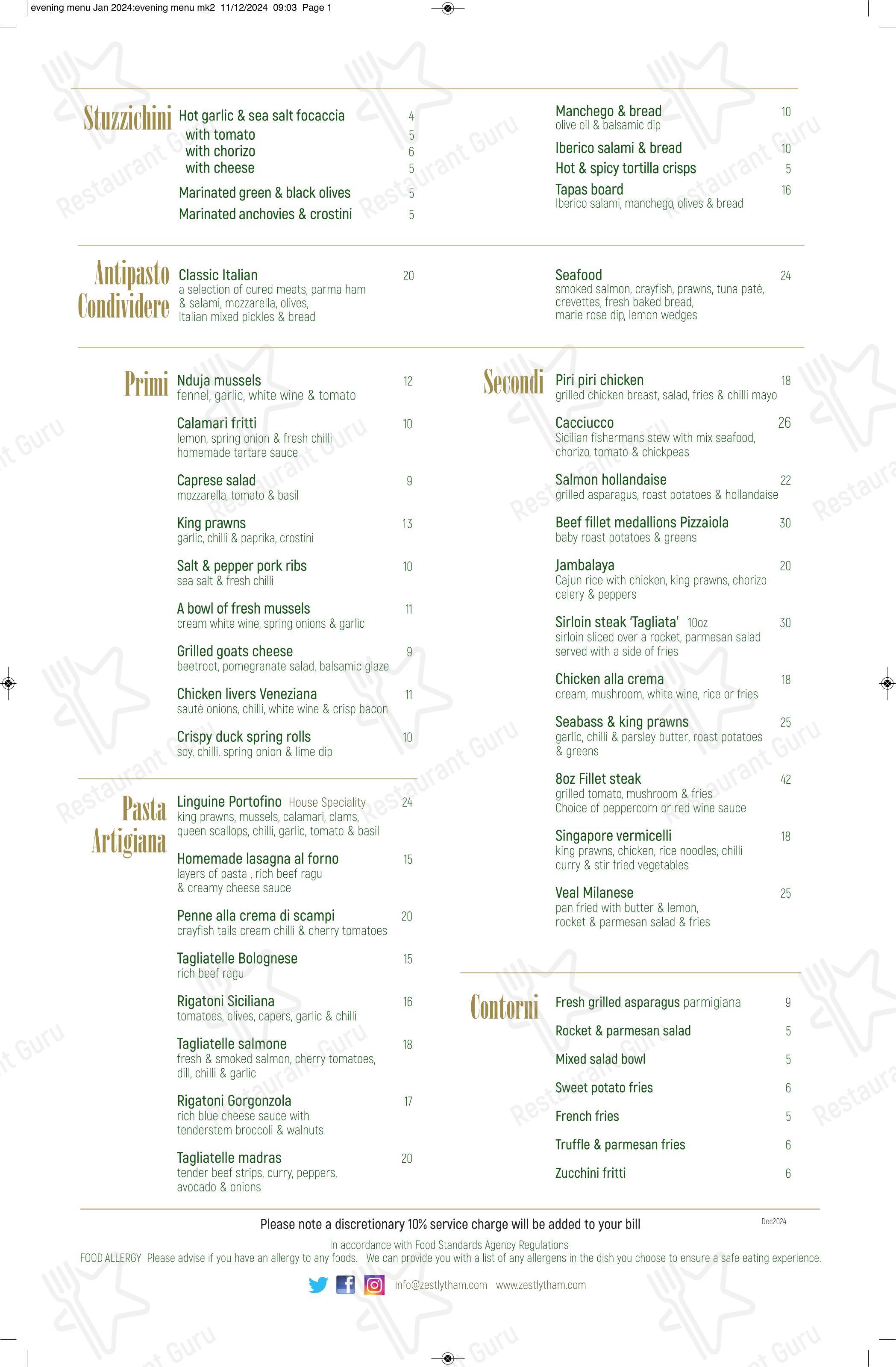 Menu at Zest Gastronomia restaurant, Lytham Saint Annes