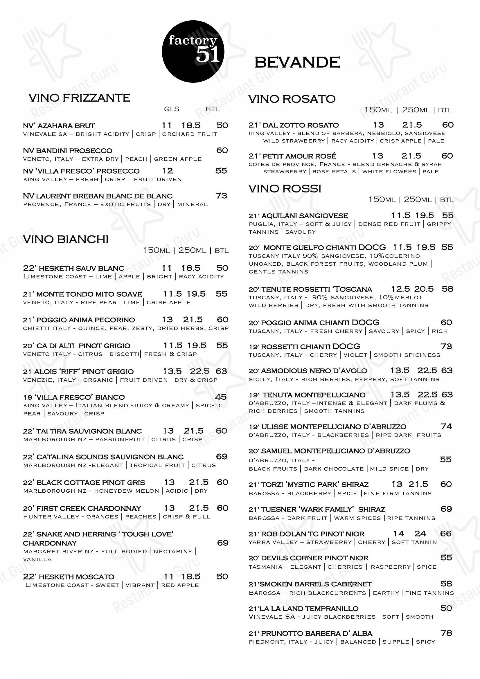 Menu at Factory 51 pub & bar, Coorparoo