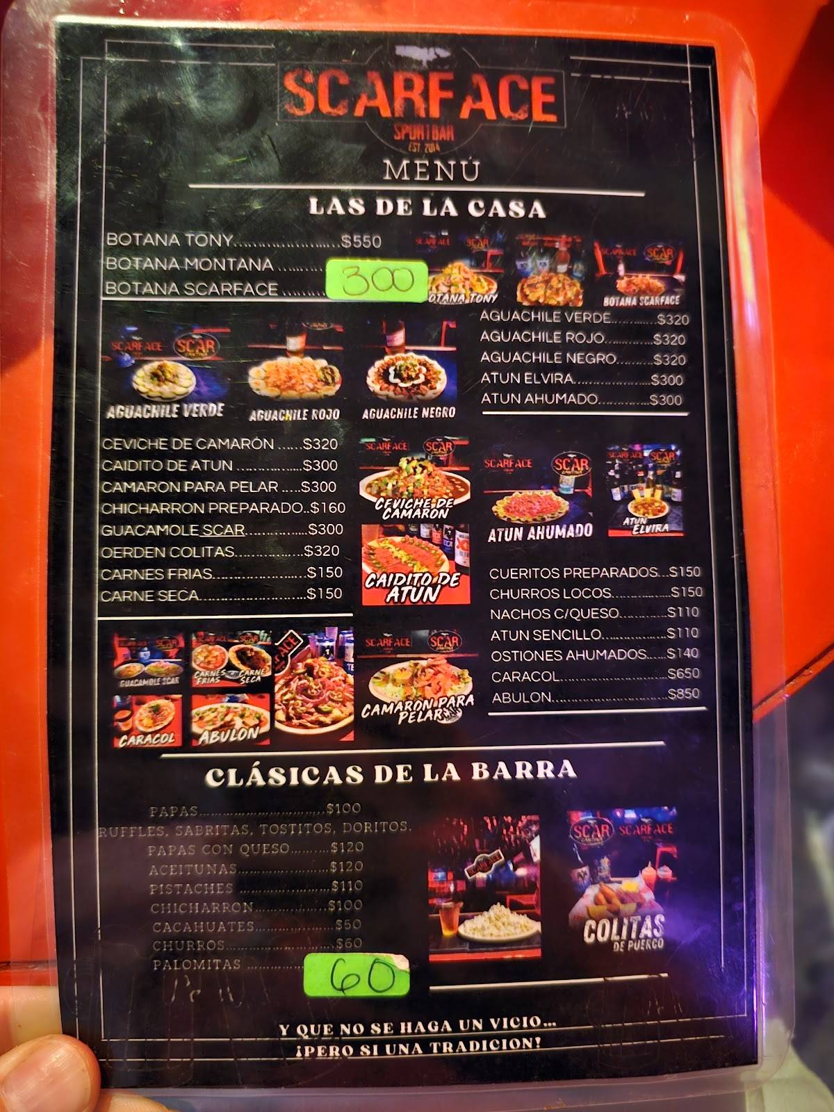 Carta de scarface sportbar, Mexicali