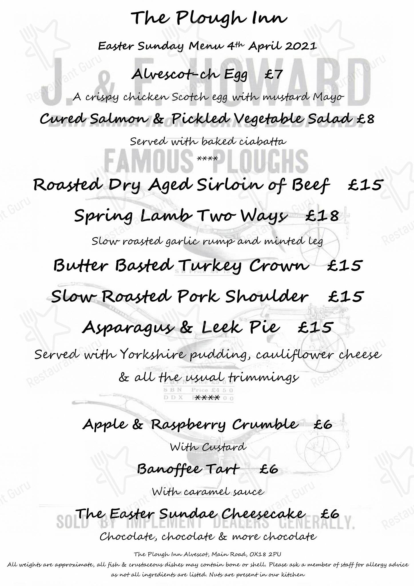 Menu at The Plough Inn Alvescot pub & bar, Clanfield, Main Rd