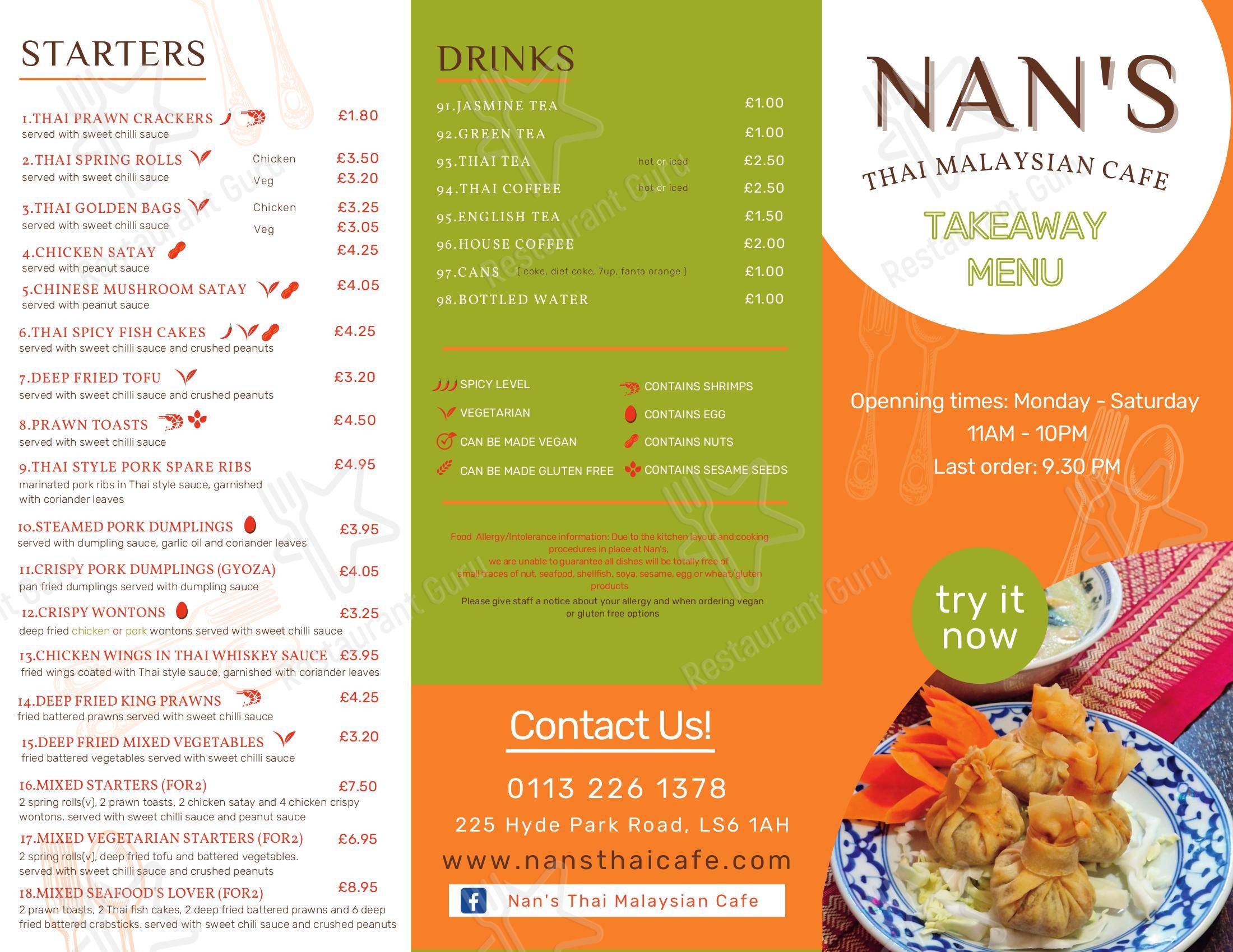 Menu at Nan's Thai Malaysian Cafe, Leeds