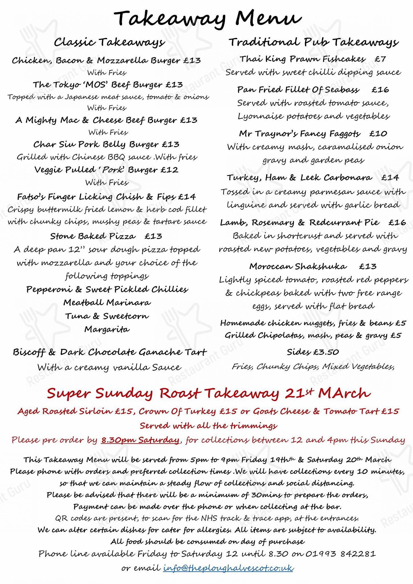 Menu at The Plough Inn Alvescot pub & bar, Clanfield, Main Rd