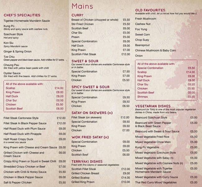Menu at Tiger Lee restaurant, Glasgow