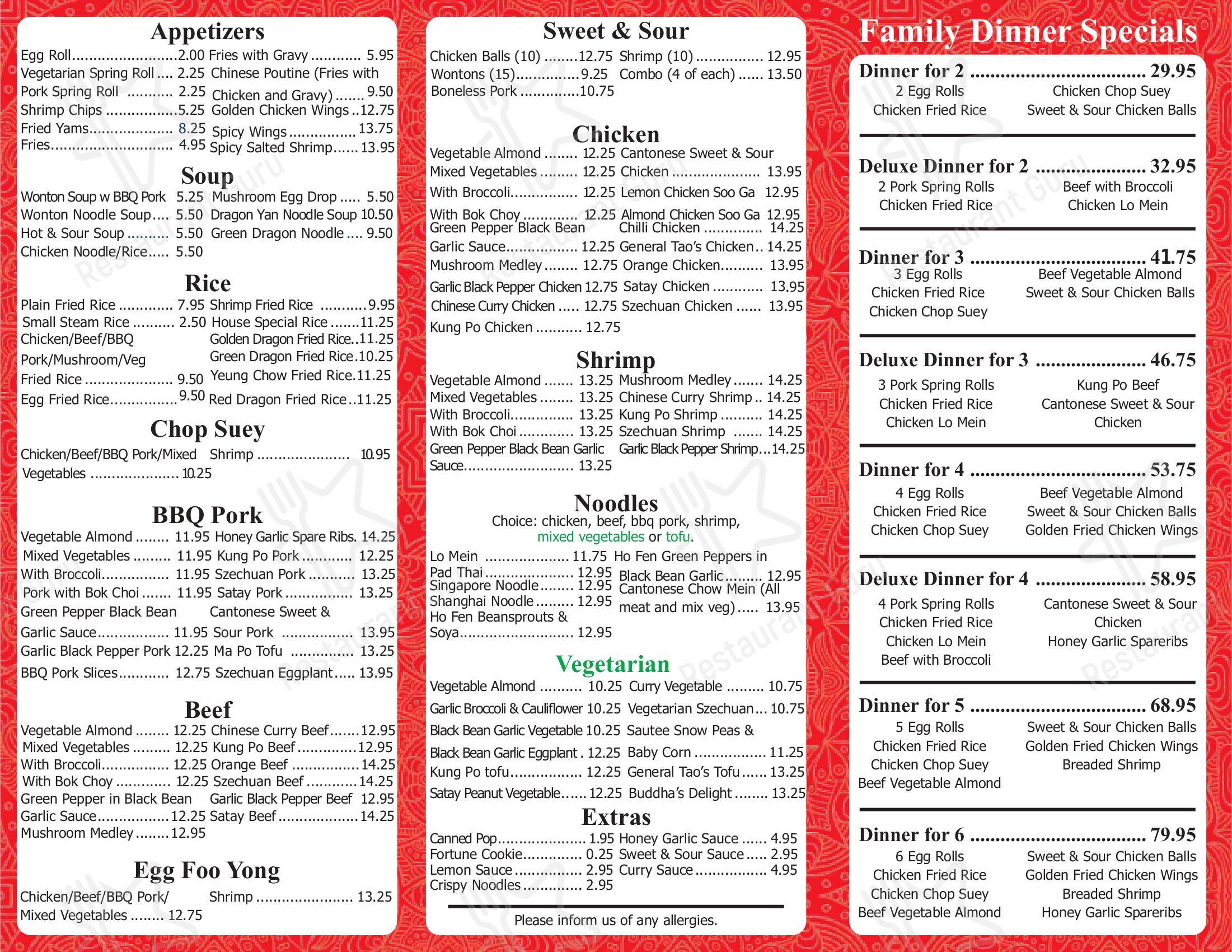 Menu at Dragon Yan restaurant, Peterborough