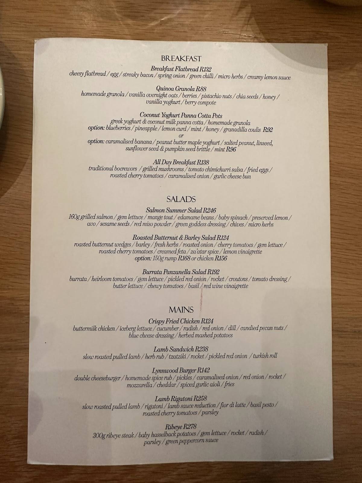 Menu at tashas Lynnwood Bridge restaurant, Pretoria