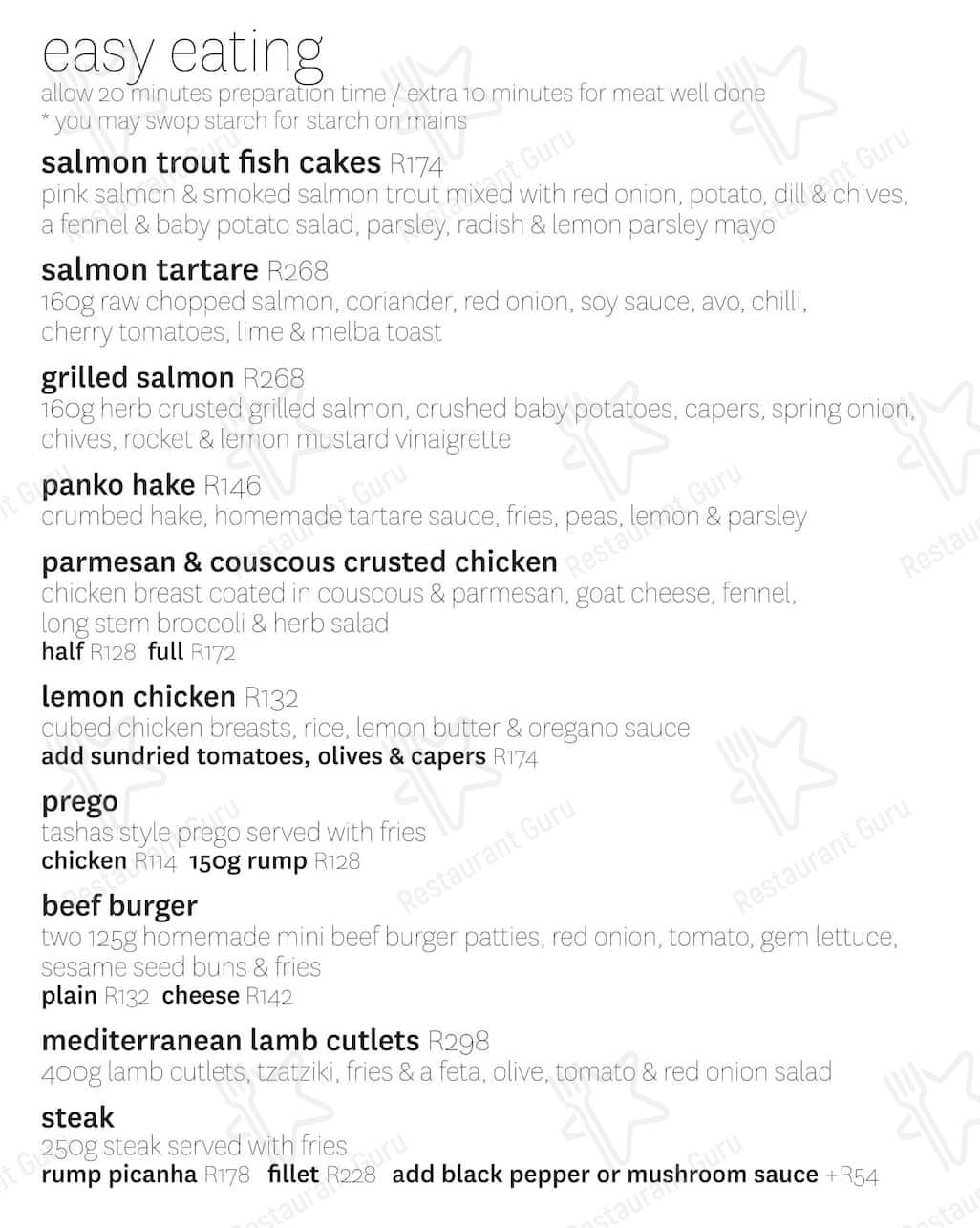 Menu at tashas Rosebank cafe, Johannesburg, Shop G28