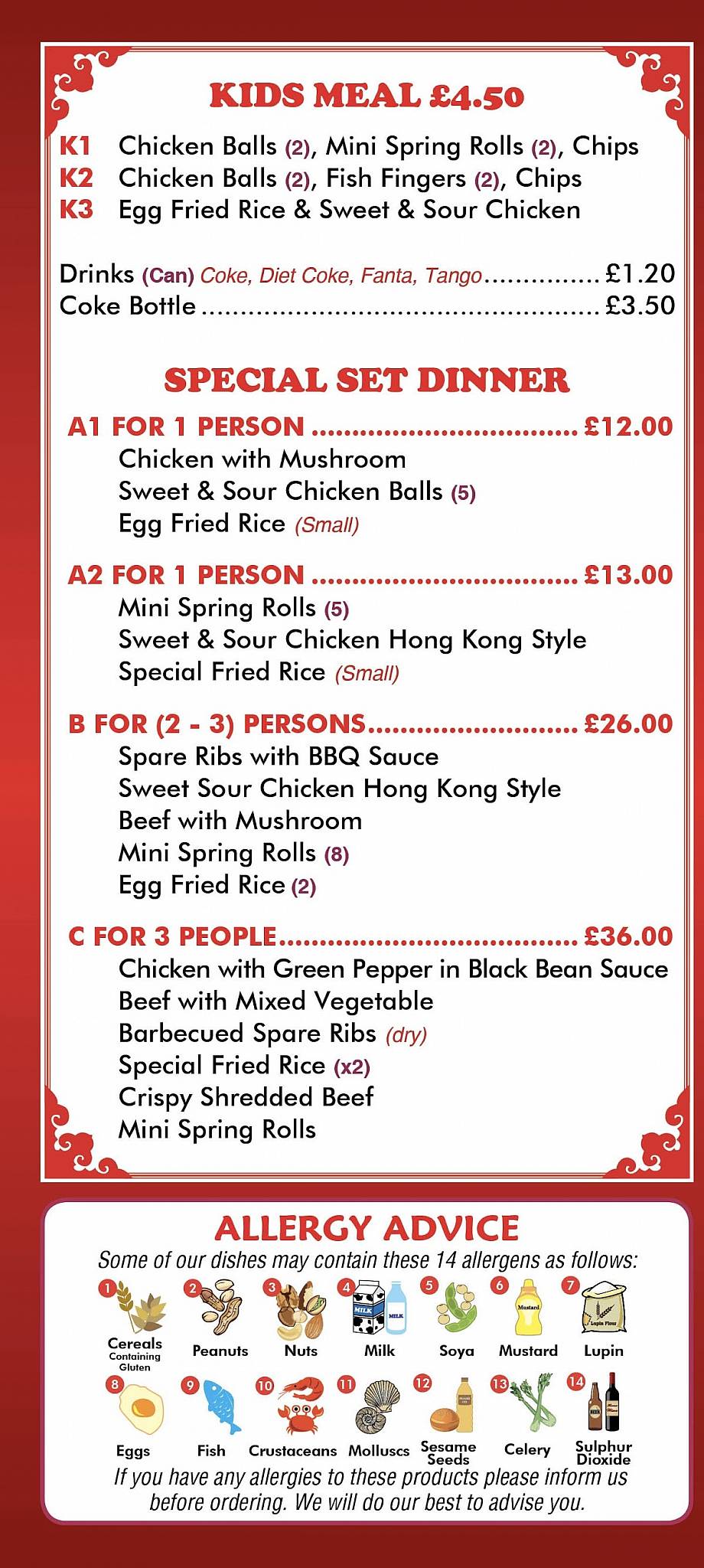 Menu at taste of china restaurant, Worksop