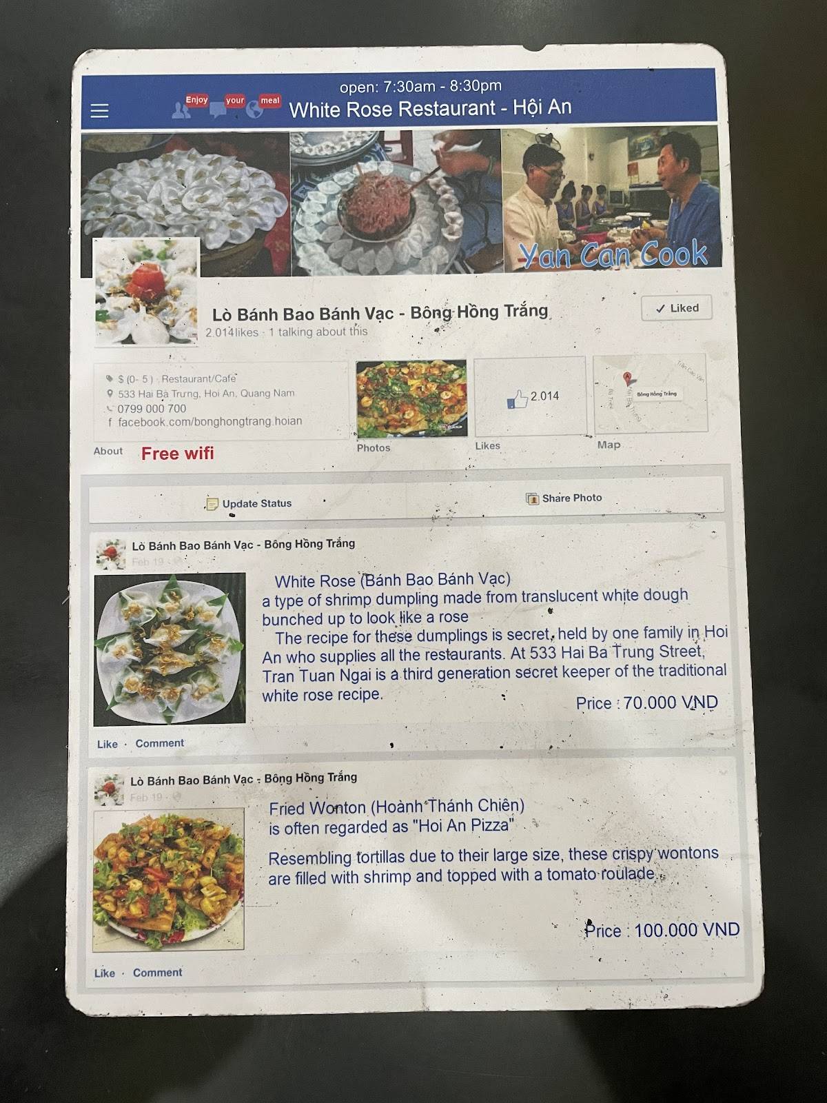 Menu at White Rose Restaurant, Hoi An
