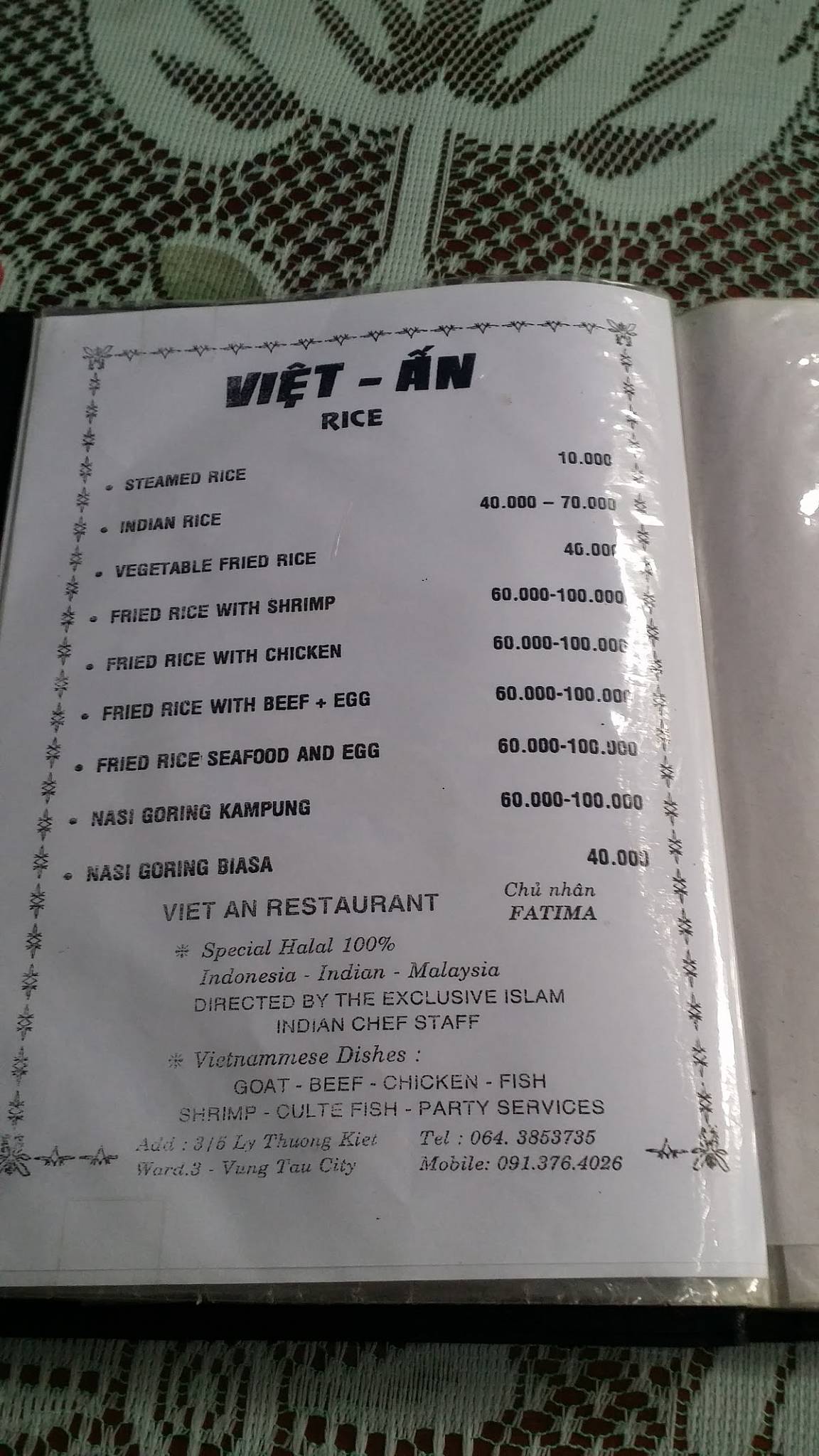 Menu at Viet An Halalfood restaurant, Vung Tau