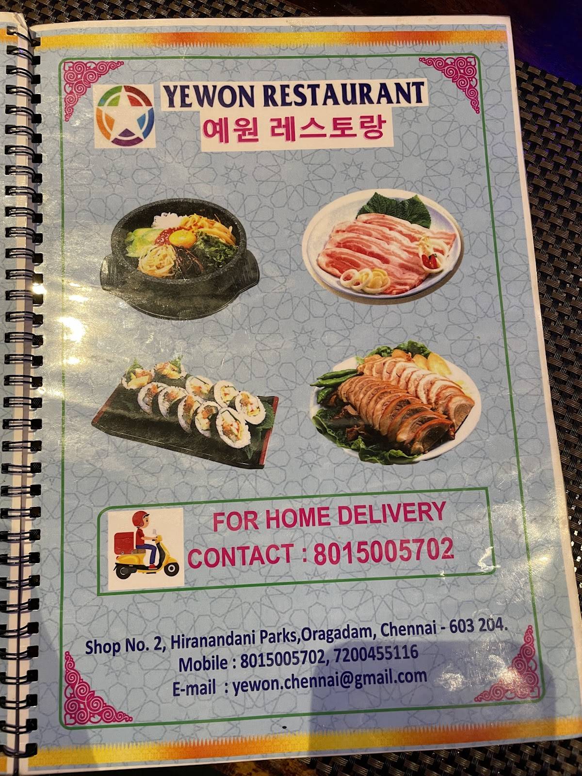 Menu at yewon restaurant, Hiranandhani Parks, oragadam, chennai, India