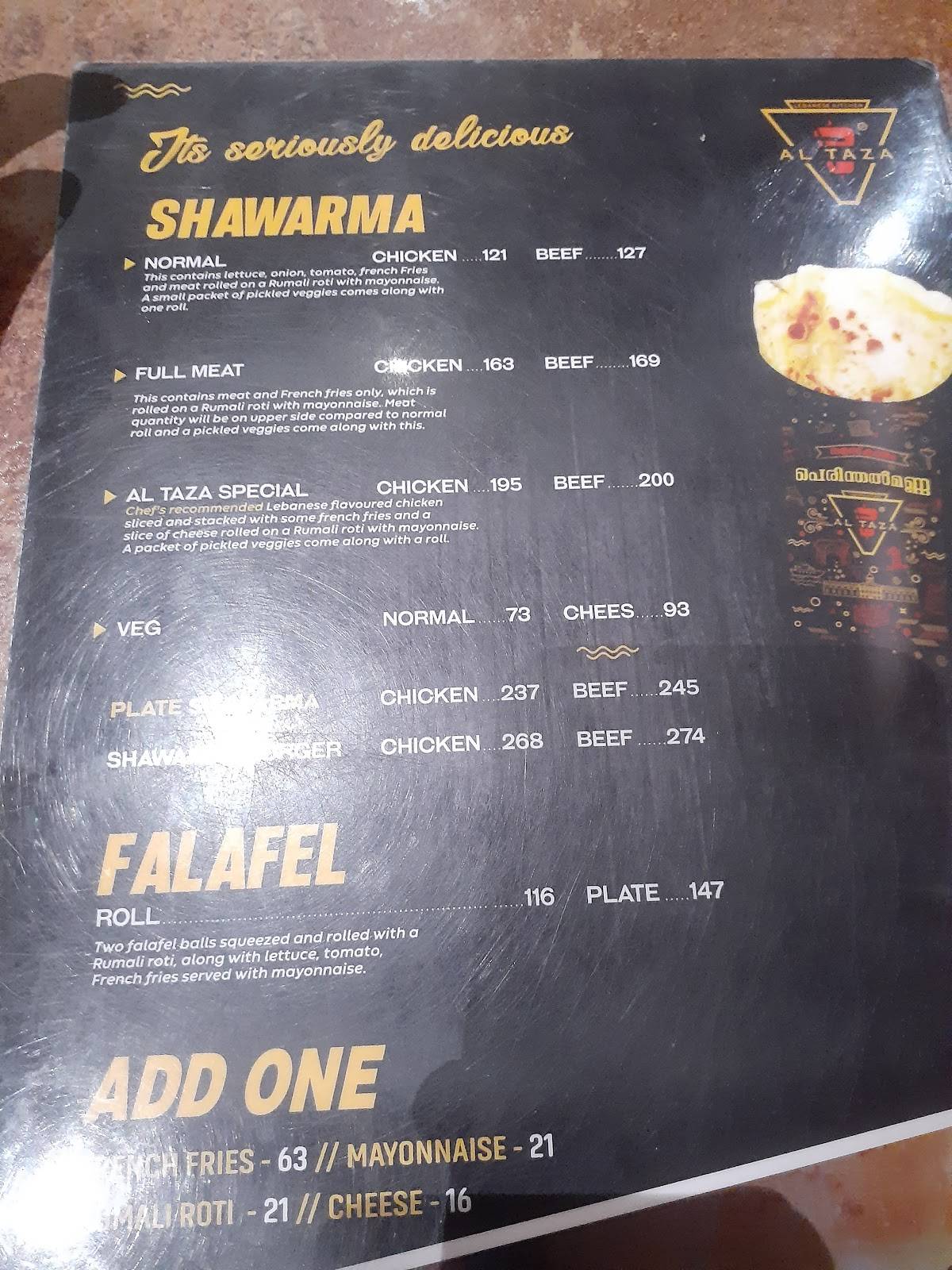 Menu at Al Taza Shawarma, India