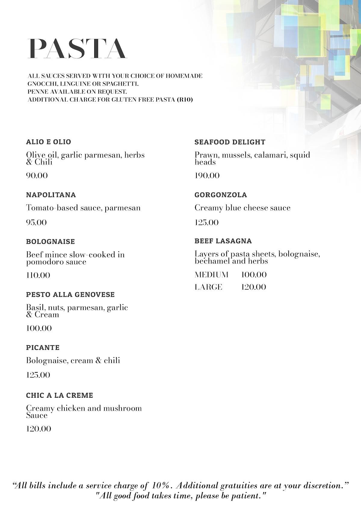 Menu at Café La Mare restaurant, Port Elizabeth