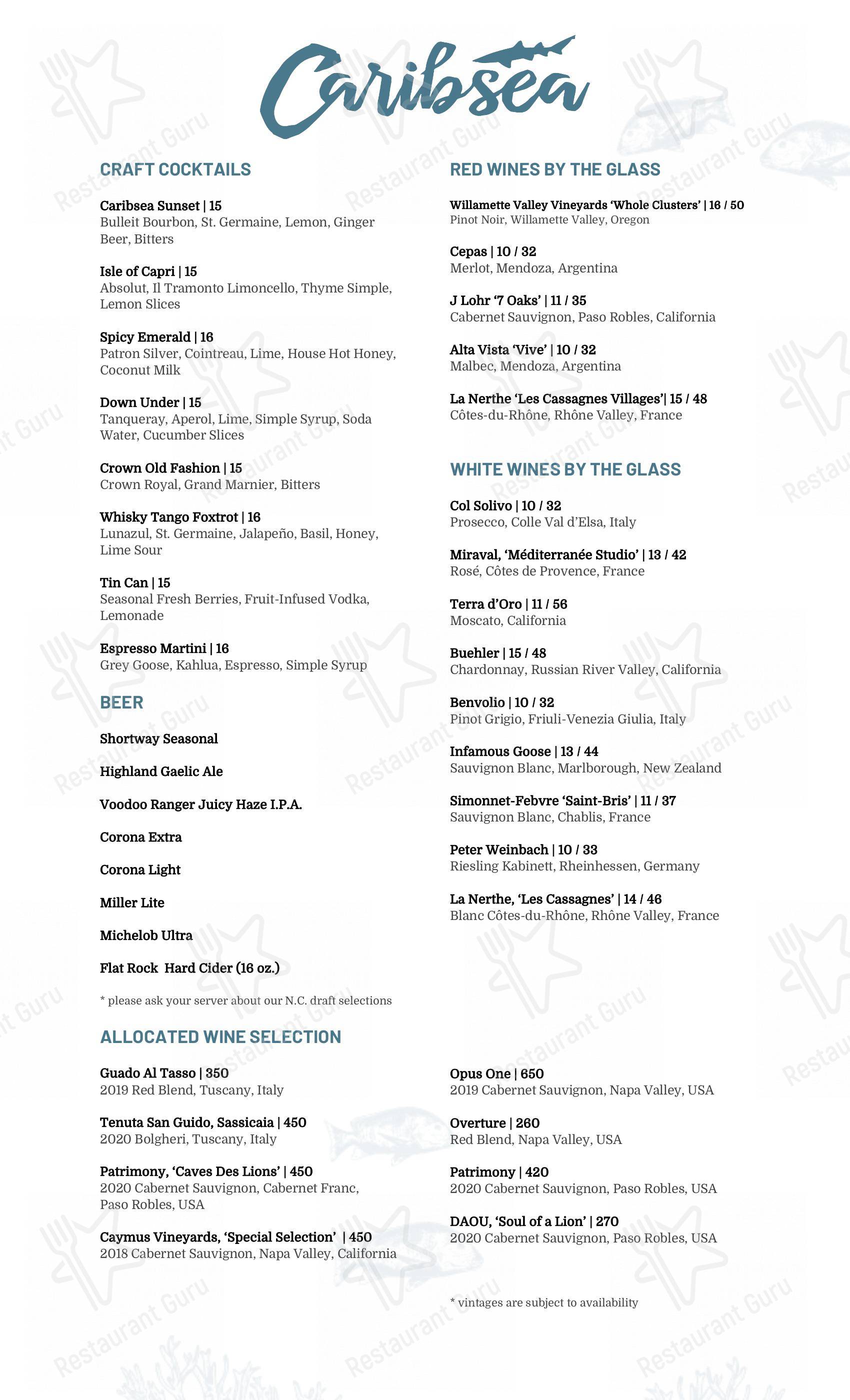 Menu at Caribsea Restaurant, Emerald Isle