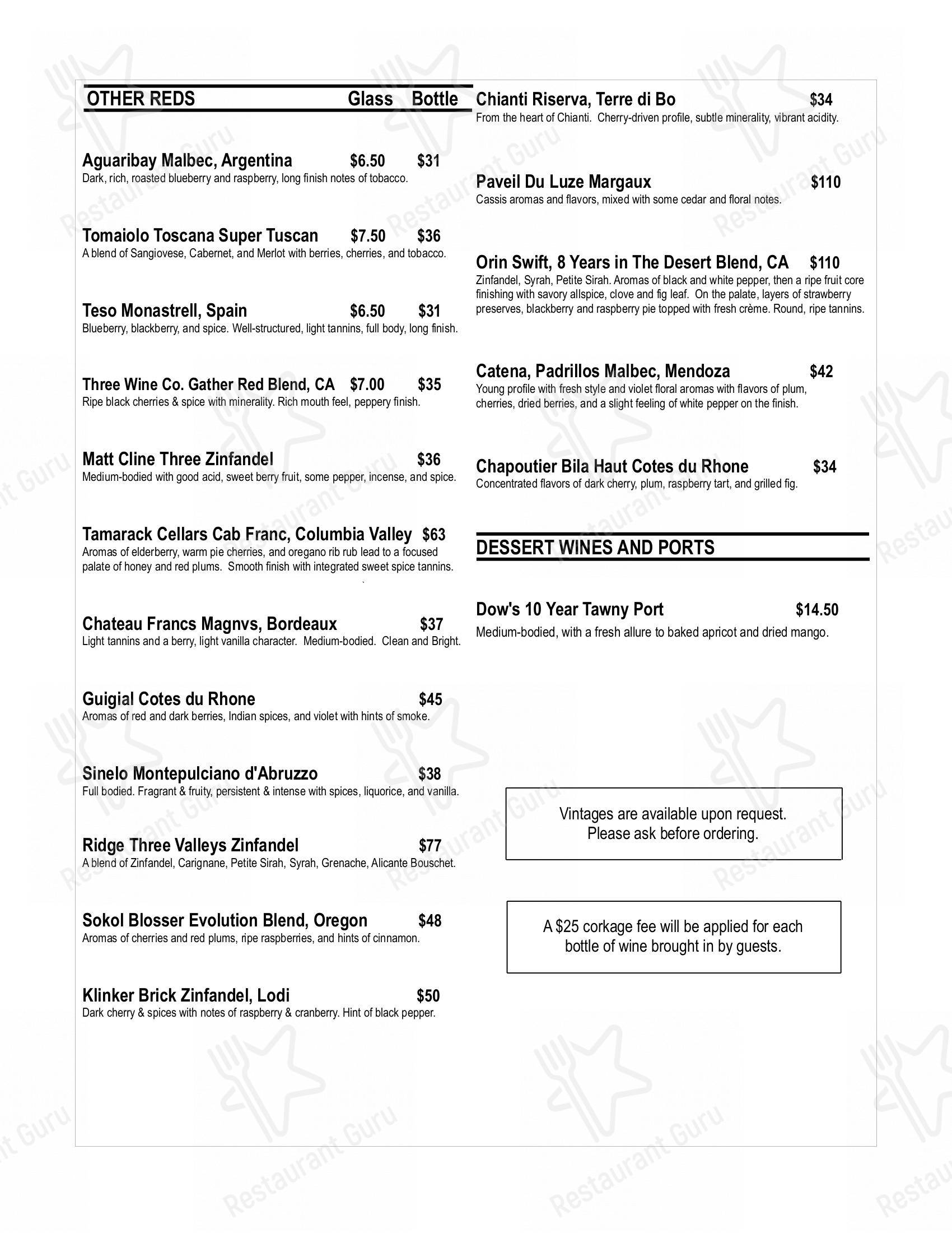 Menu at Cola's Restaurant, Columbia