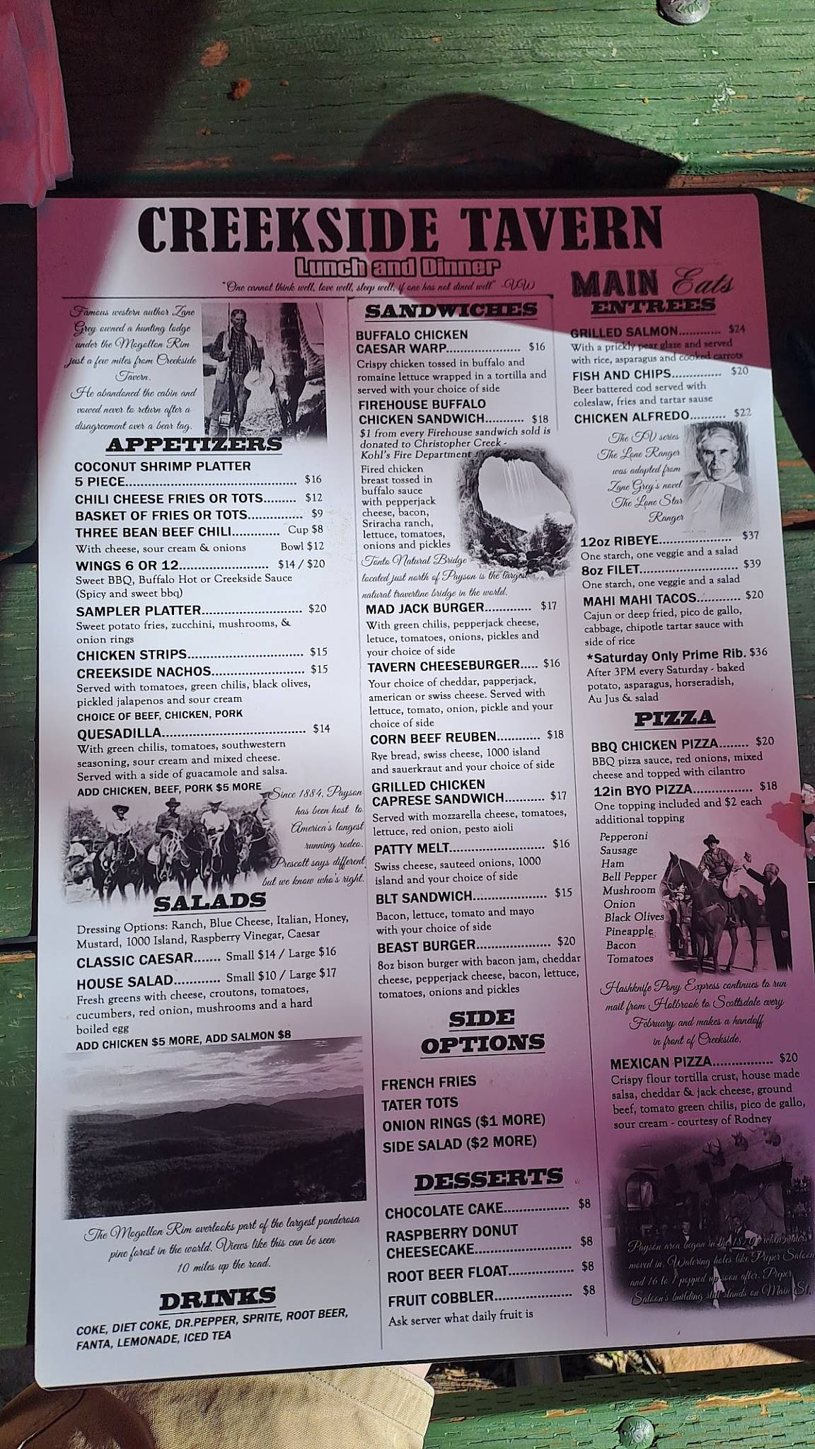 Menu at Creekside Tavern steakhouse, USA, E Christopher Creek Loop