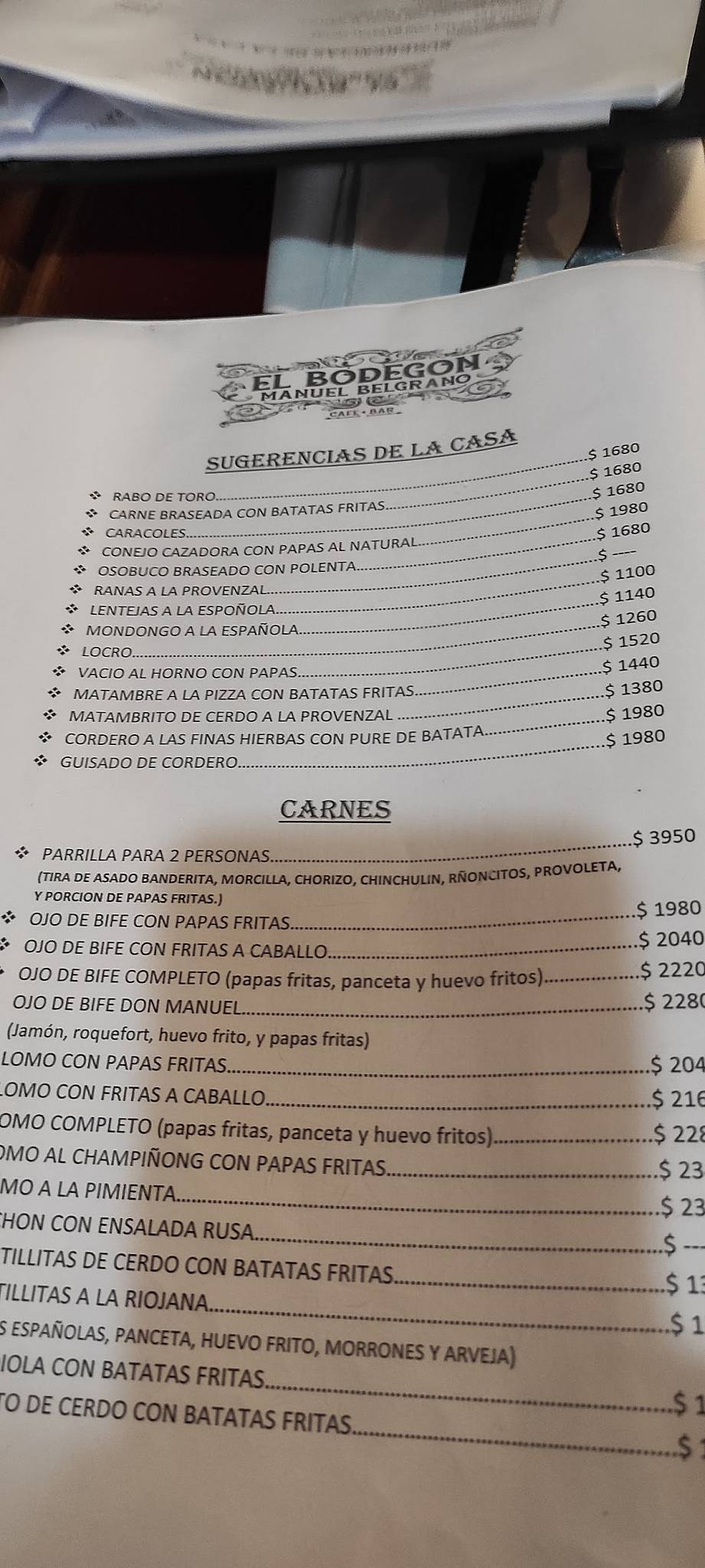 Menu at El Bodegón Manuel Belgrano pub & bar, Argentina