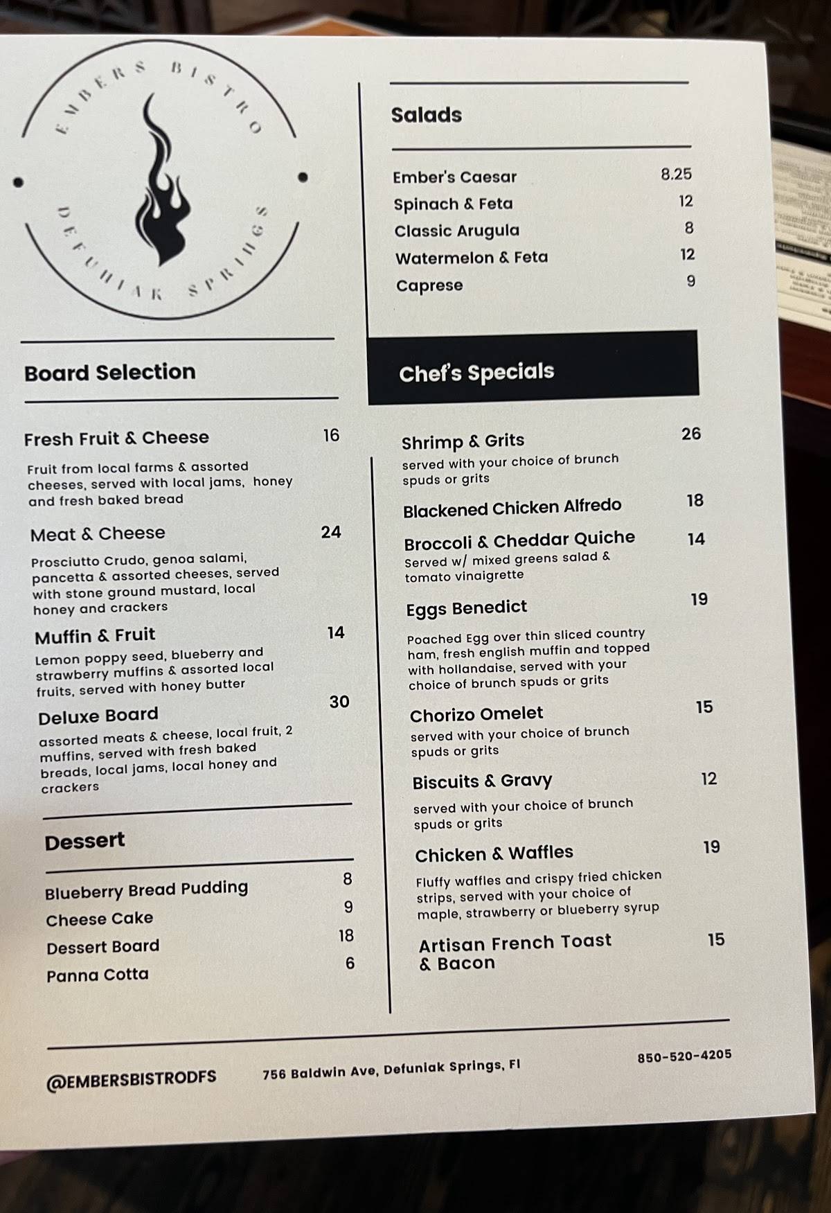 Menu at Embers Bistro restaurant, DeFuniak Springs, 756 Baldwin Ave