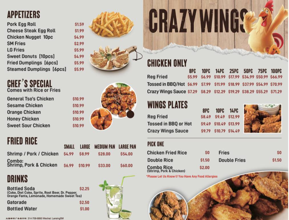 Menu at Crazy Wings restaurant, LaPlace