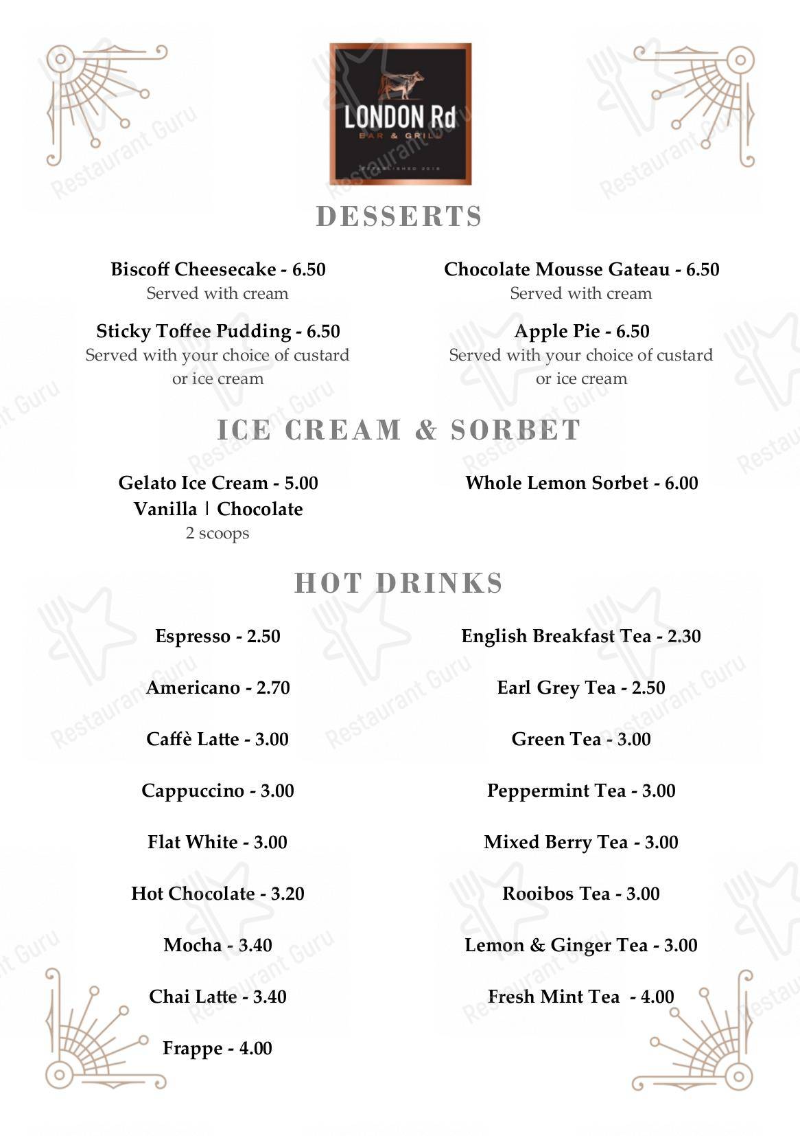 Menu at London Road Bar & Grill, East Grinstead