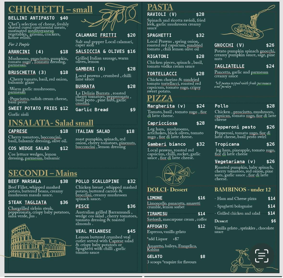 Menu at Bellini Italian restaurant, Mandurah
