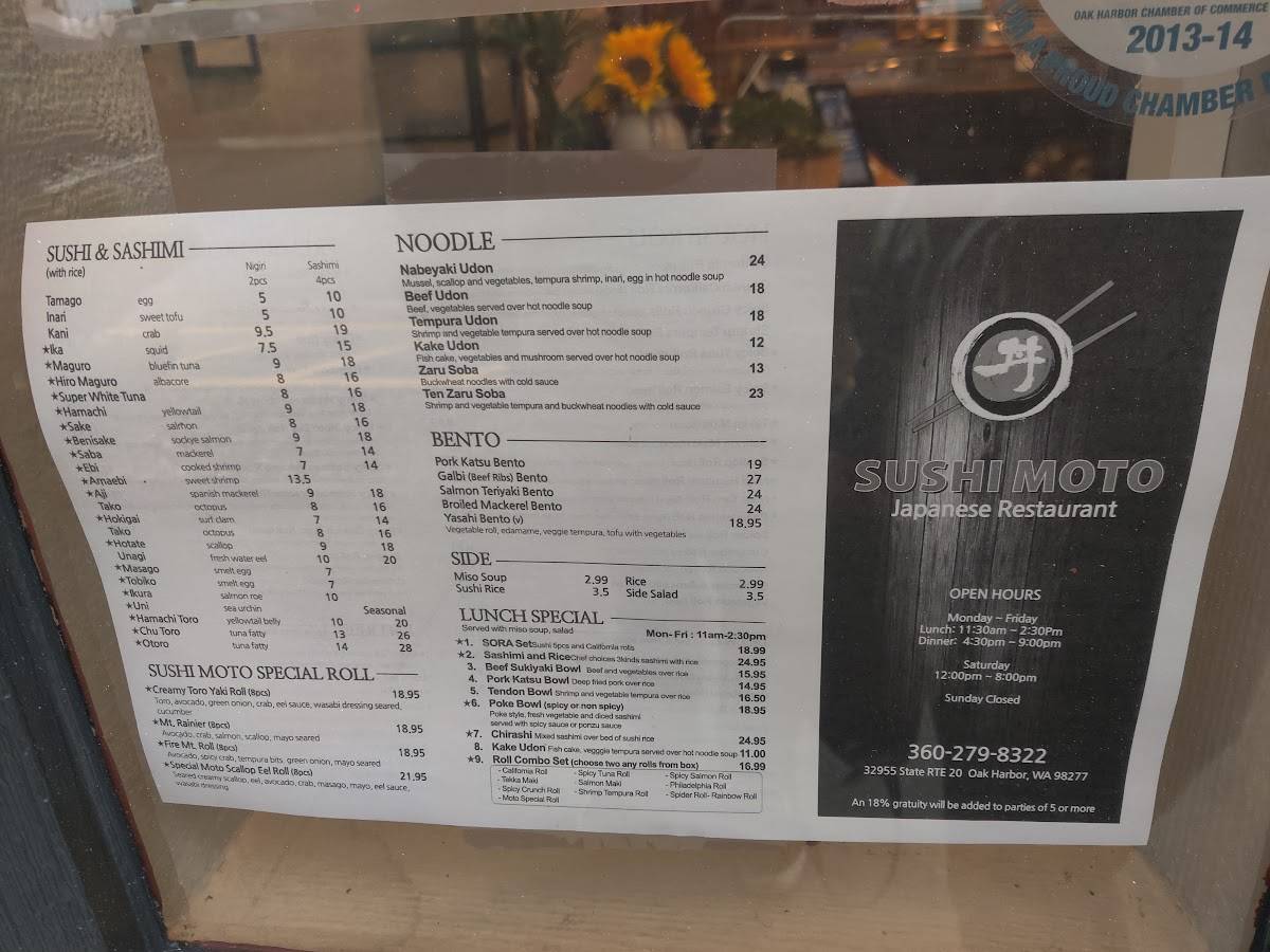 Menu at Sushi Moto Japanese Restaurant, Oak Harbor