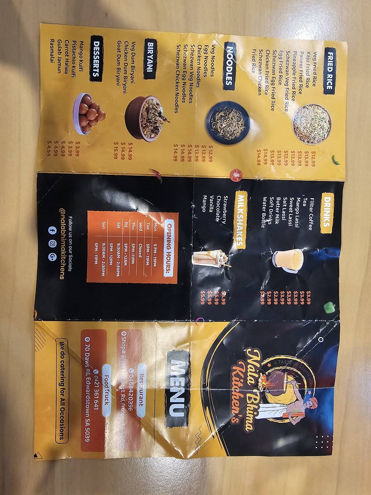 Menu at Nala Bhima Kitchen's Prospect restaurant, Prospect