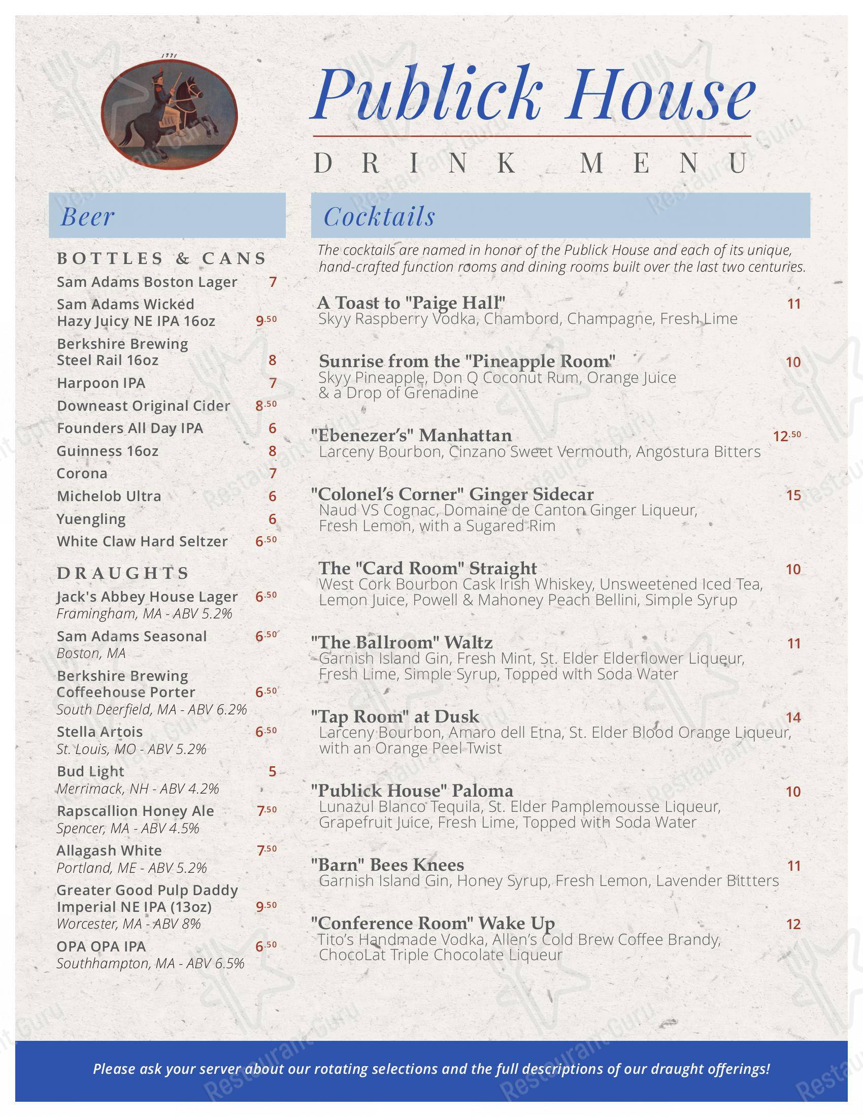 Menu at Publick House Historic Inn, Sturbridge