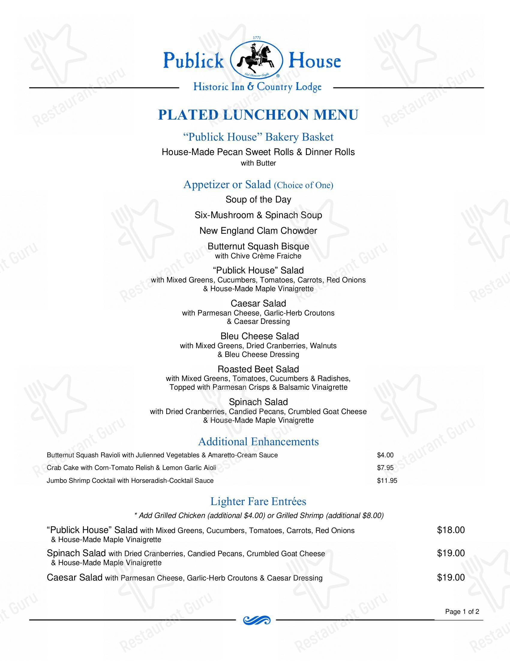 Menu at Publick House Historic Inn, Sturbridge