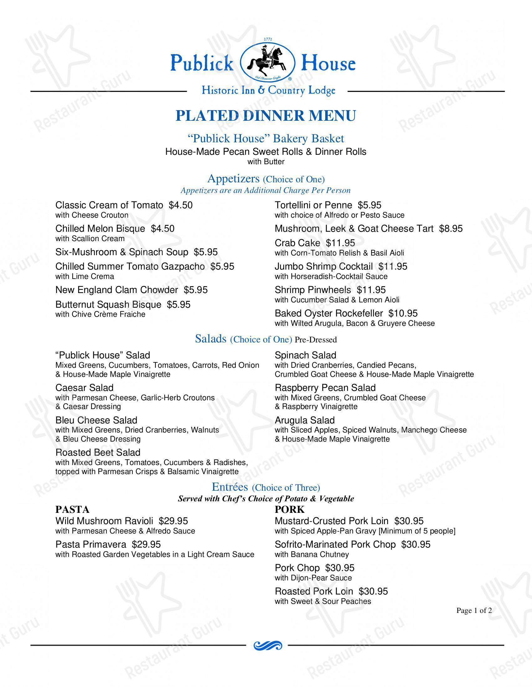 Menu at Publick House Historic Inn, Sturbridge