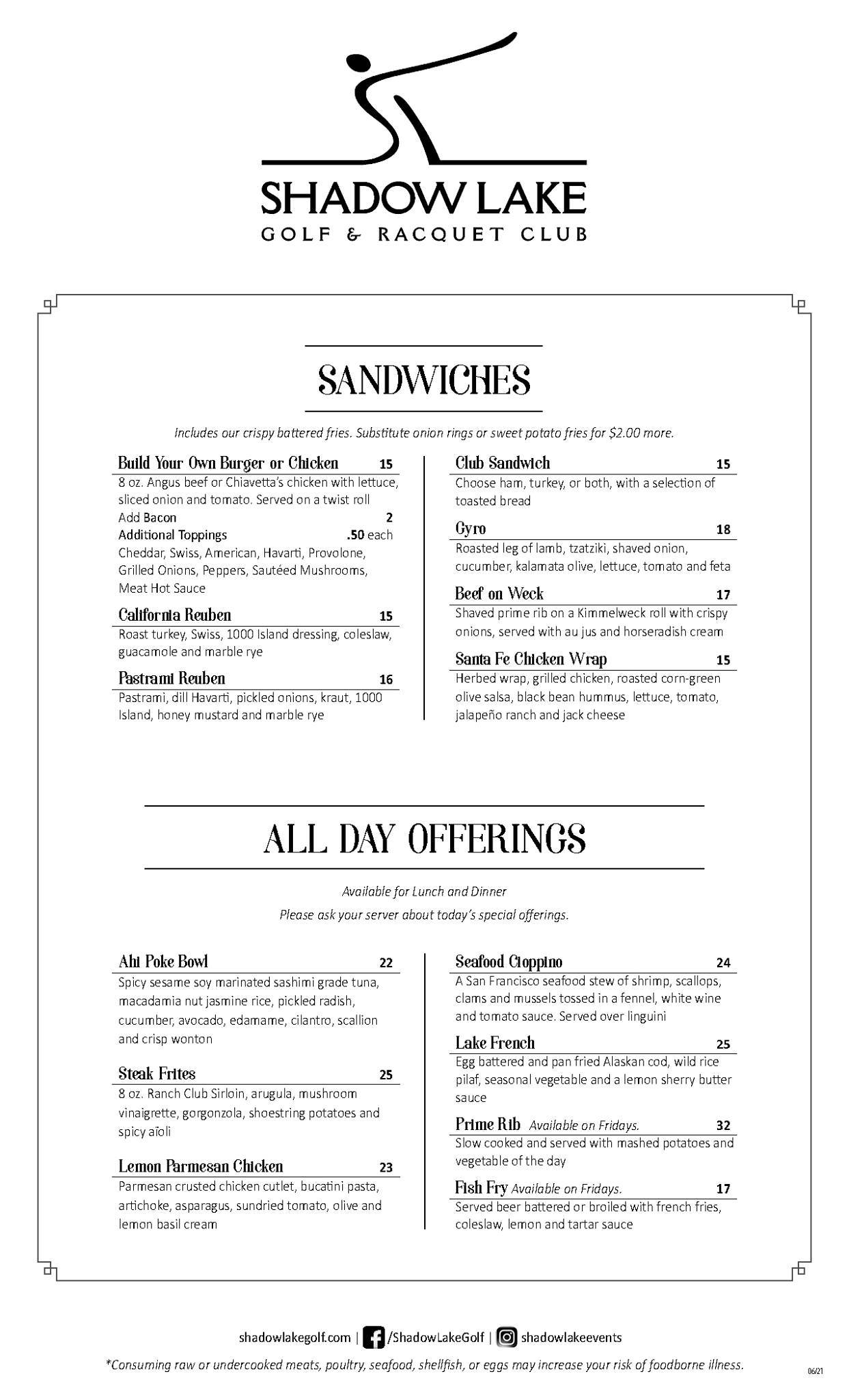 Menu at Shadow Lake Golf and Restaurant, USA