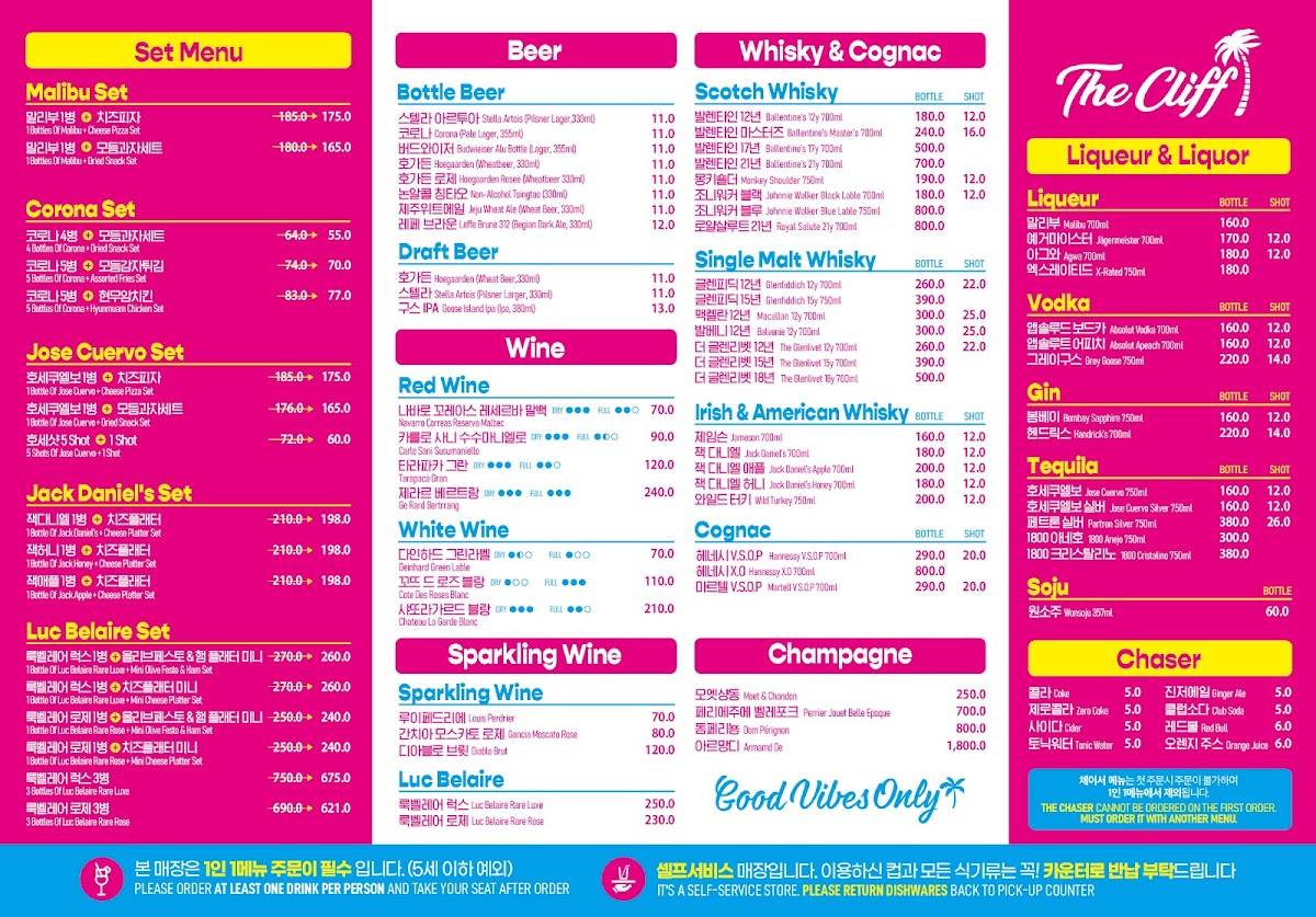 Menu at The Cliff cafe, South Korea