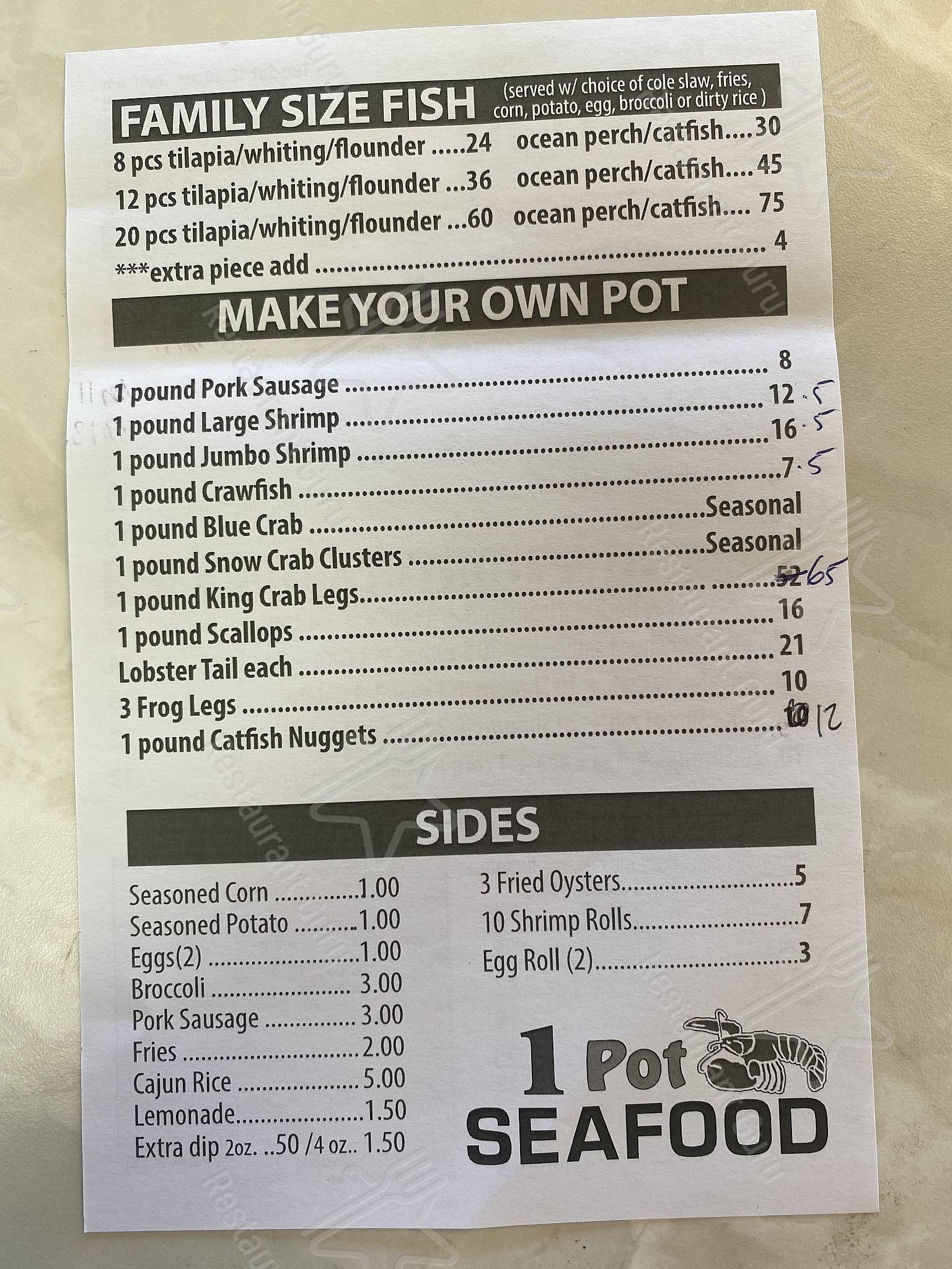 Menu at 1 Pot Seafood restaurant, McDonough
