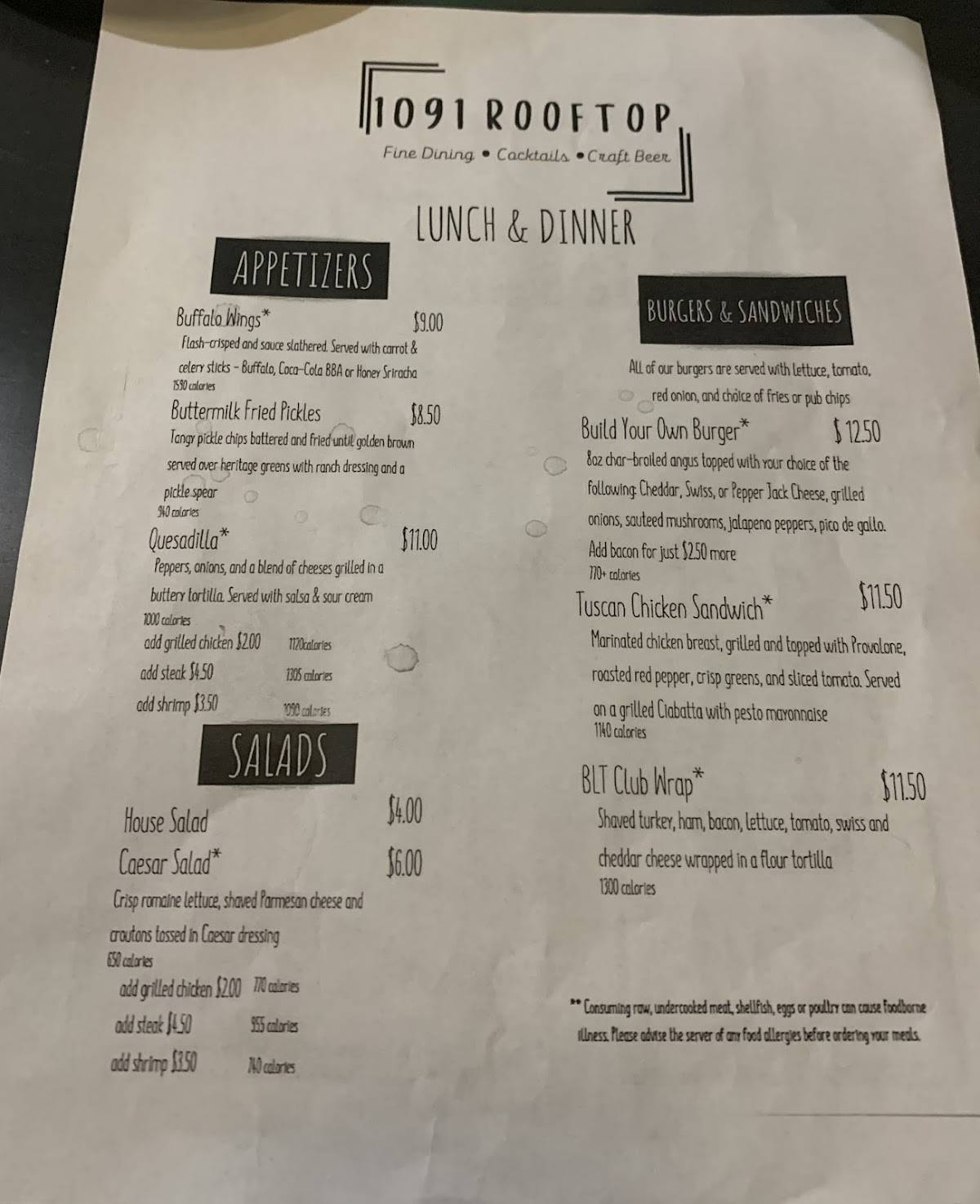 Menu at 1091 Rooftop pub & bar, Cookeville