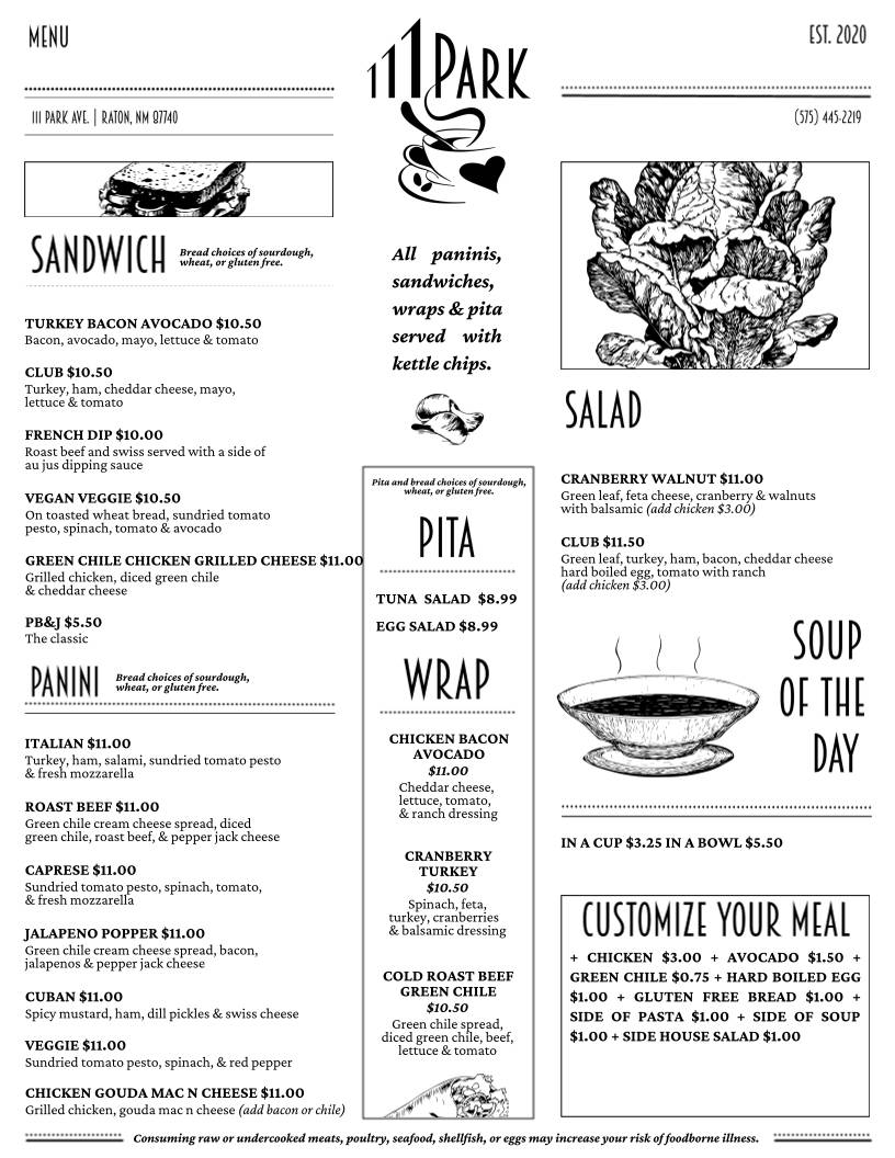 Menu at 111 Park - Espresso Bar & Cafe, Raton