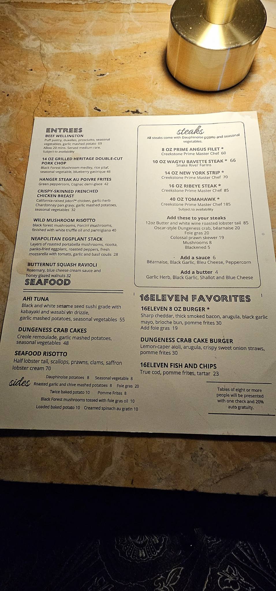 Menu at 16Eleven restaurant, Everett