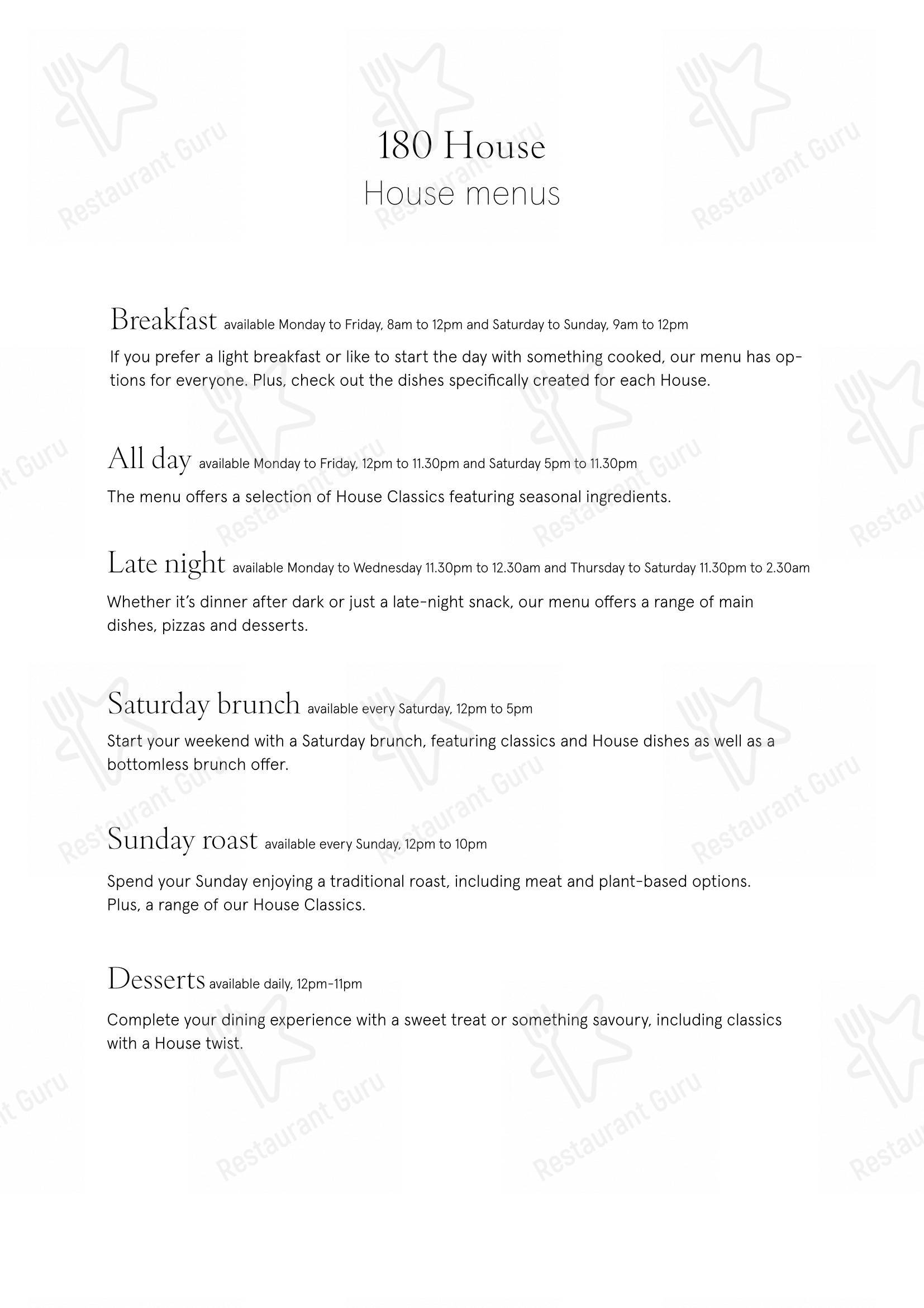 Menu at 180 House club, London