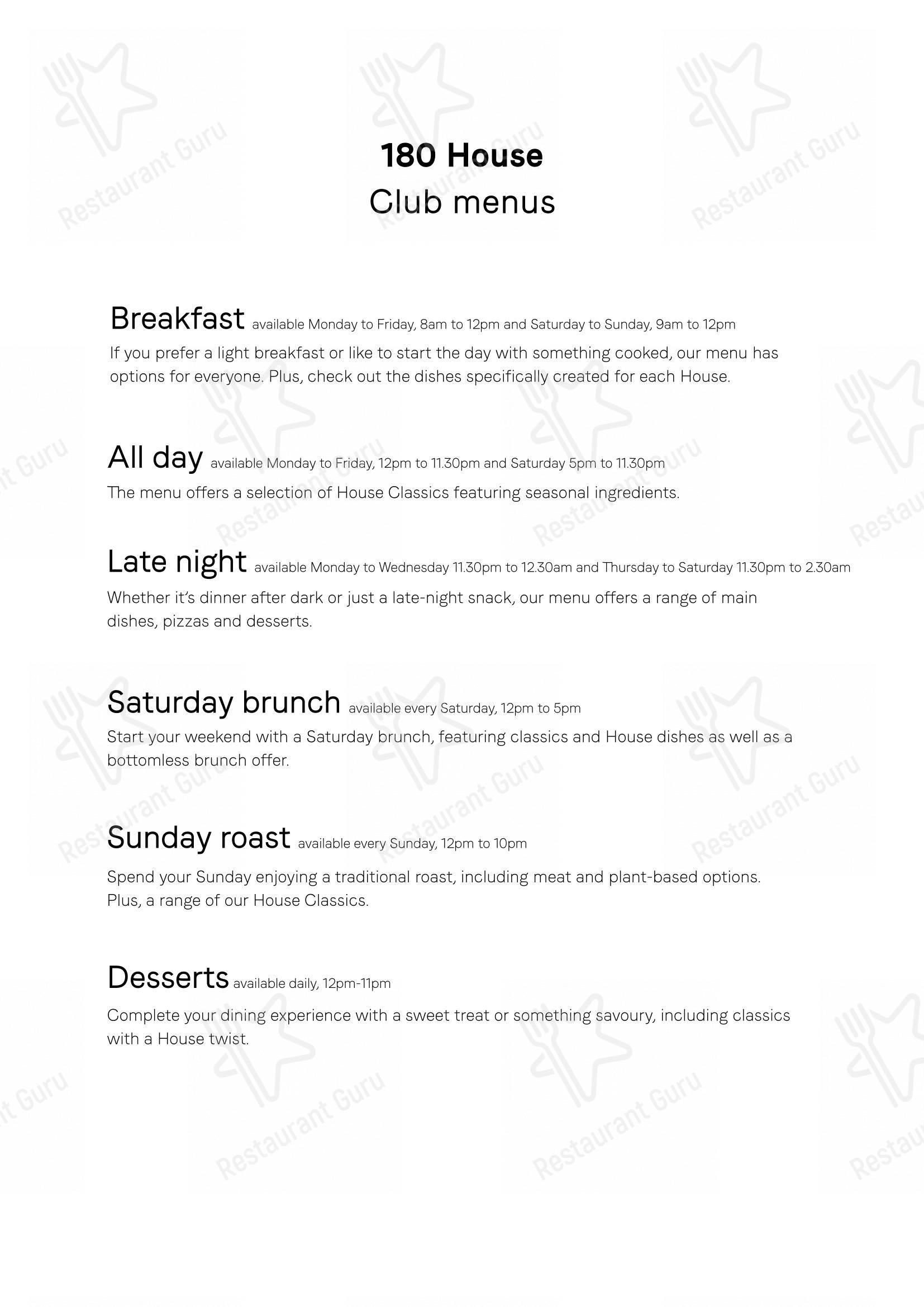 Menu at 180 House club, London