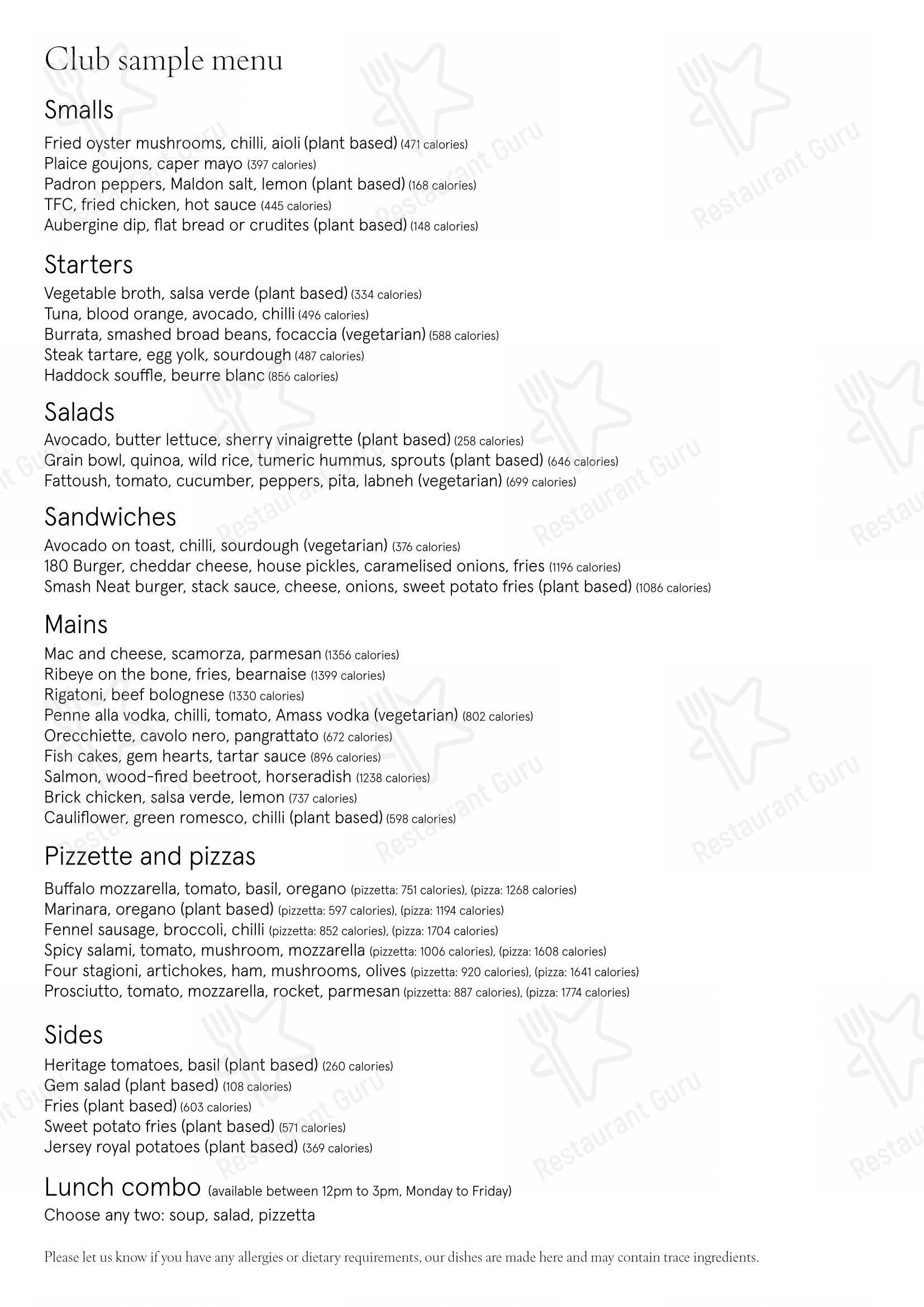 Menu at 180 House club, London