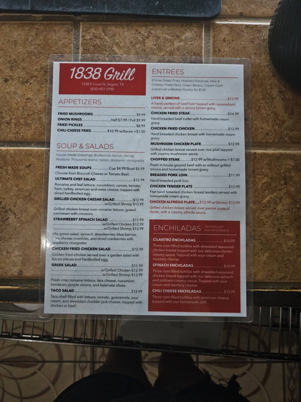 Menu at 1838 Grill restaurant, Seguin