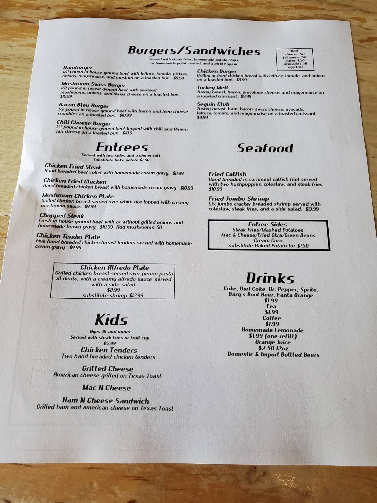 Menu at 1838 Grill restaurant, Seguin