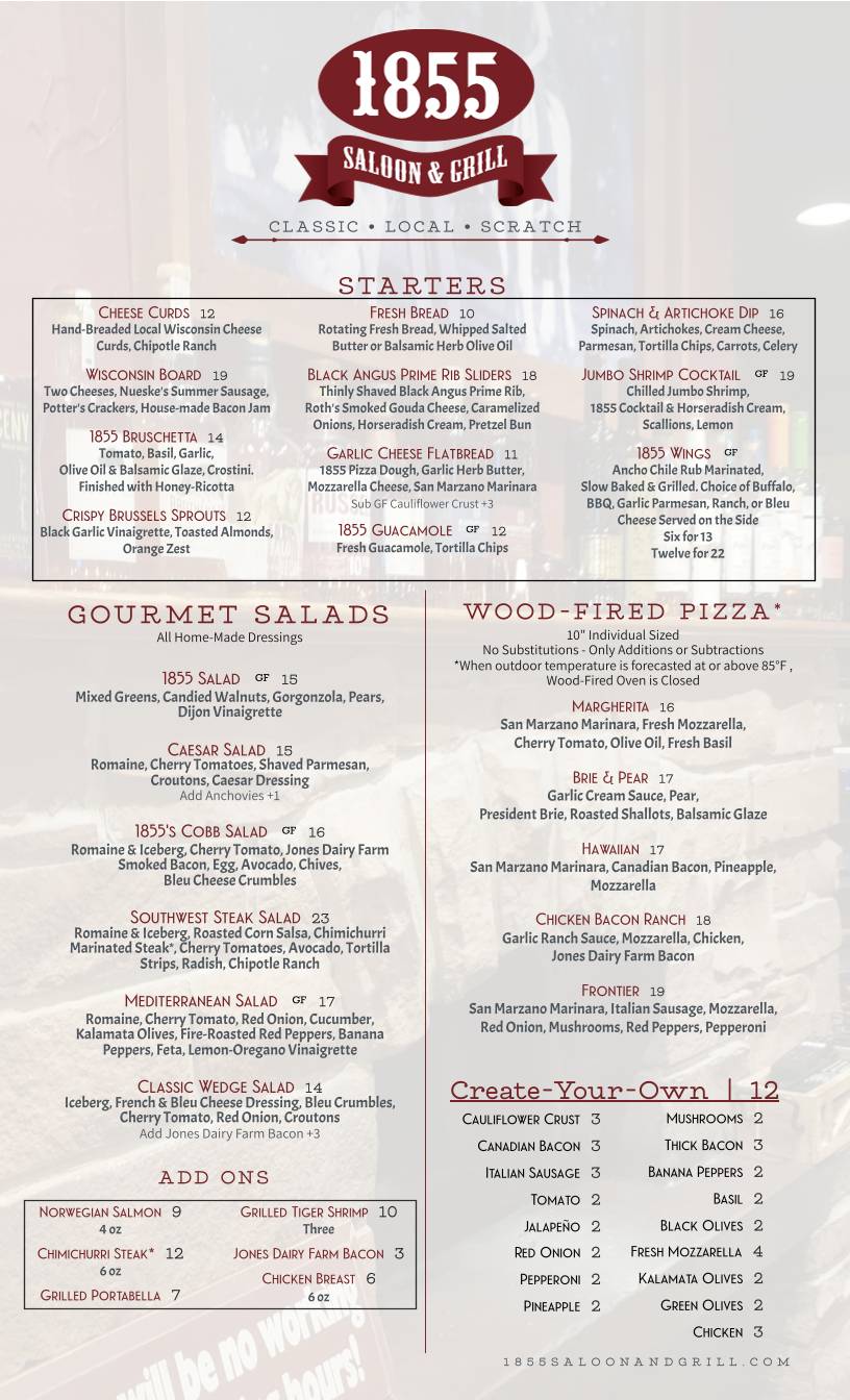 Menu at 1855 Saloon and Grill pub & bar, Cottage Grove