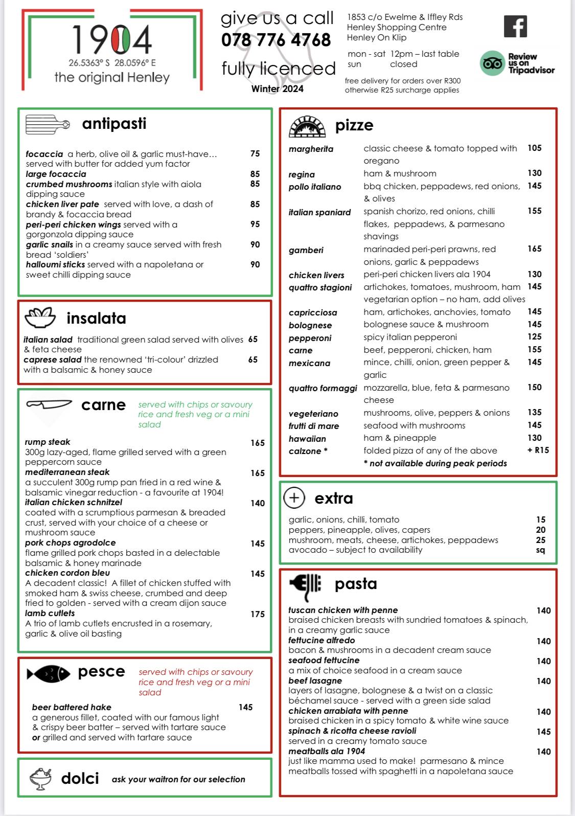 Menu at 1904 Trattoria Ponte Vecchio restaurant, Meyerton
