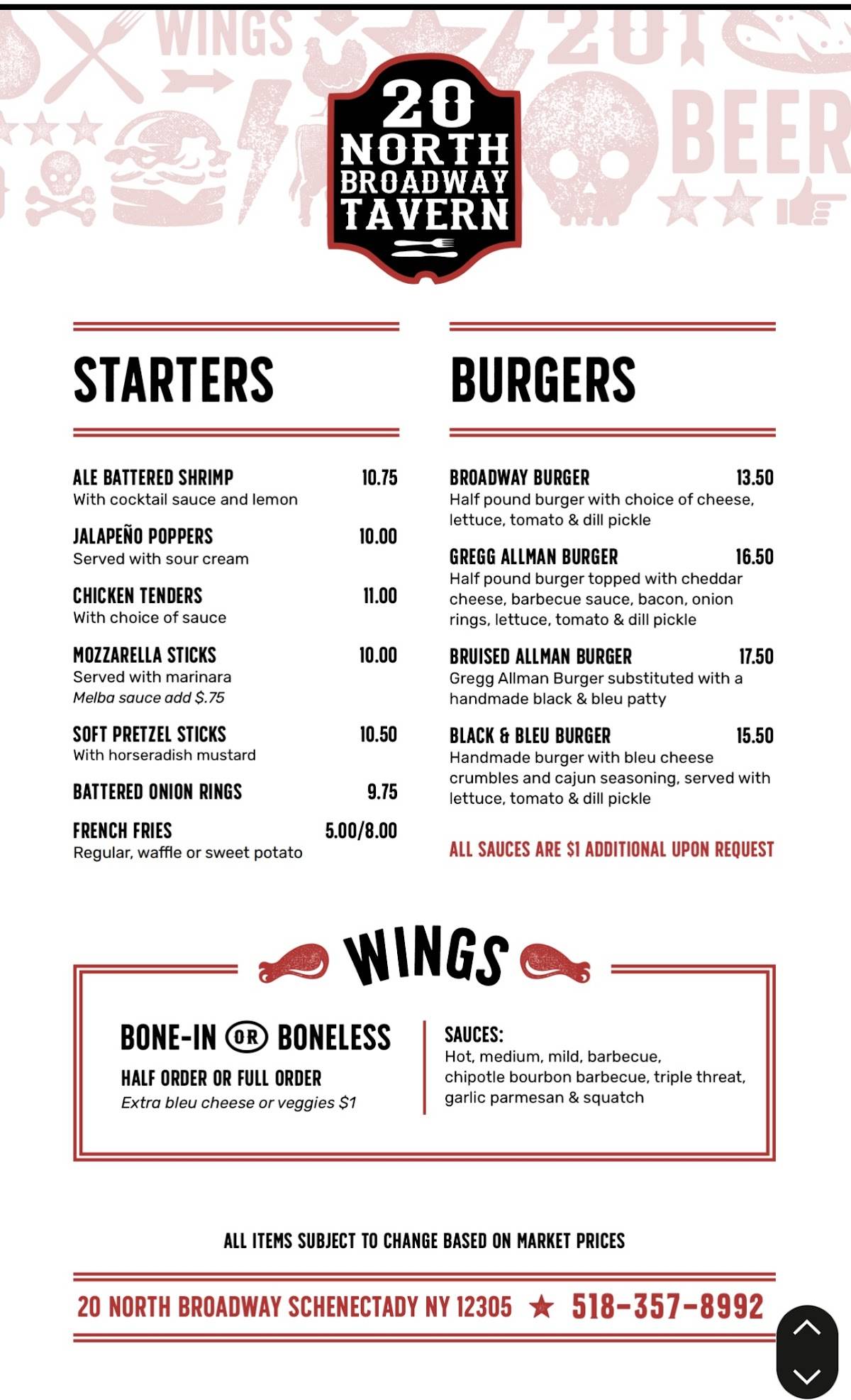 Menu at 20 North Broadway Tavern pub & bar, Schenectady