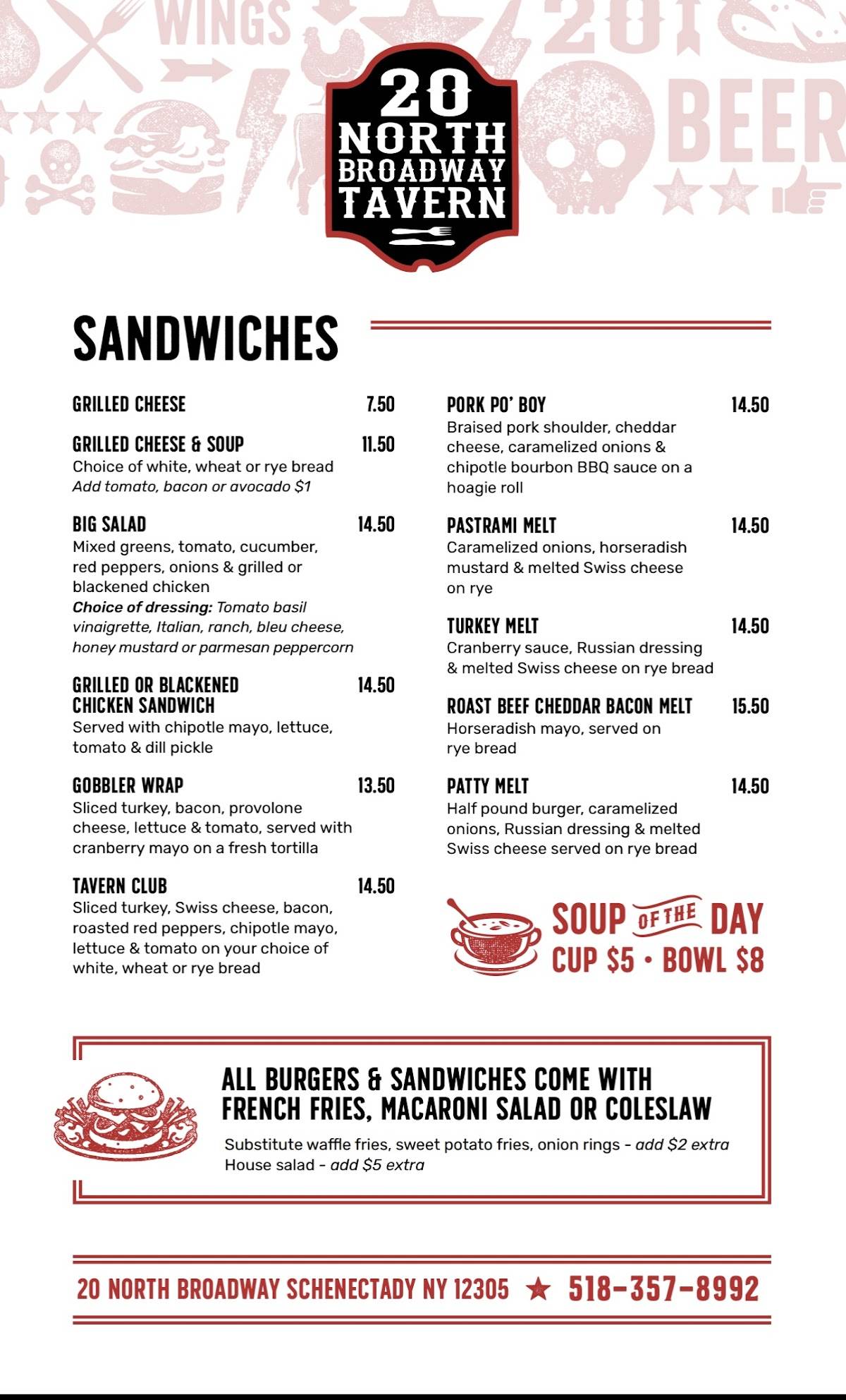 Menu at 20 North Broadway Tavern pub & bar, Schenectady