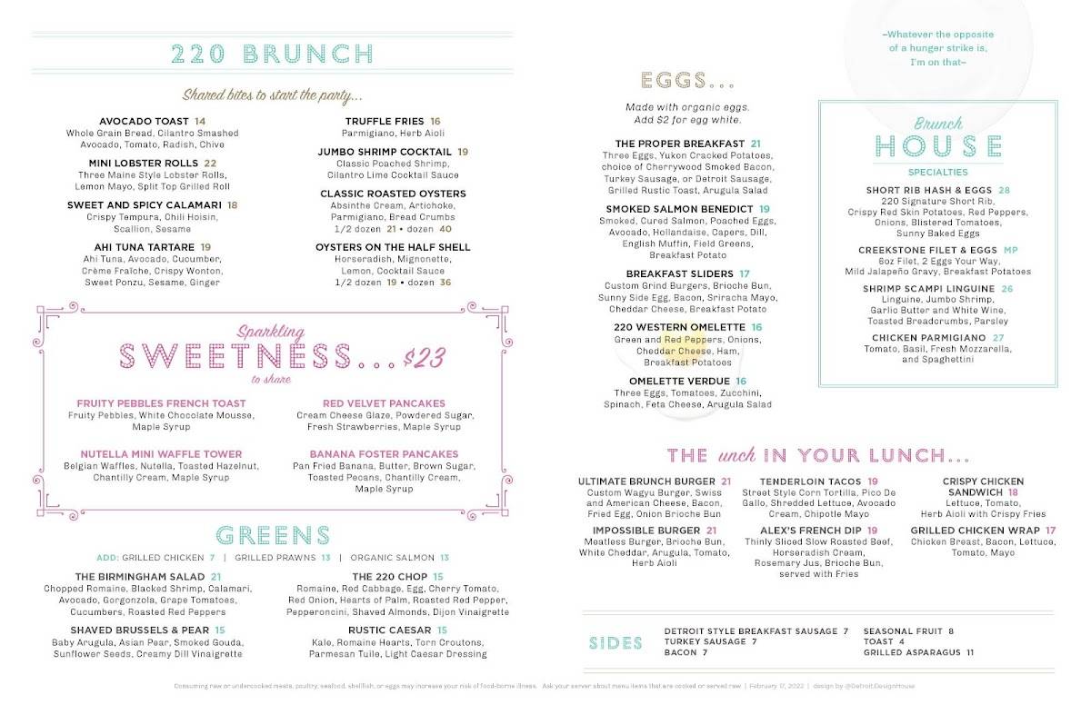 Menu at 220 Merrill restaurant, Birmingham