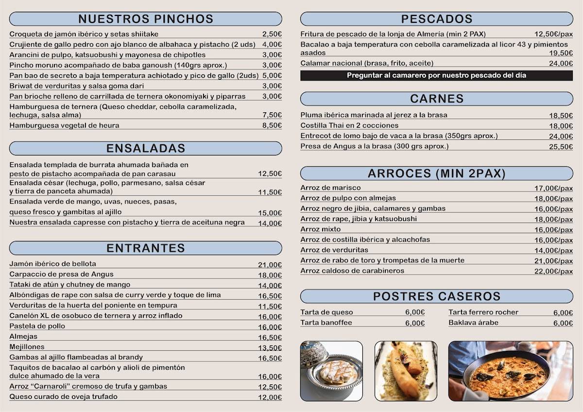 Menu at 3 Almas restaurant, Aguadulce
