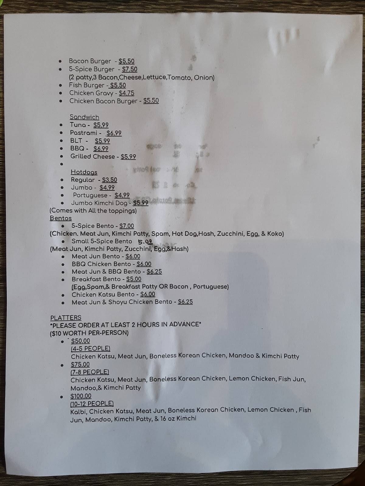 Menu at 5-Spice restaurant, Hilo
