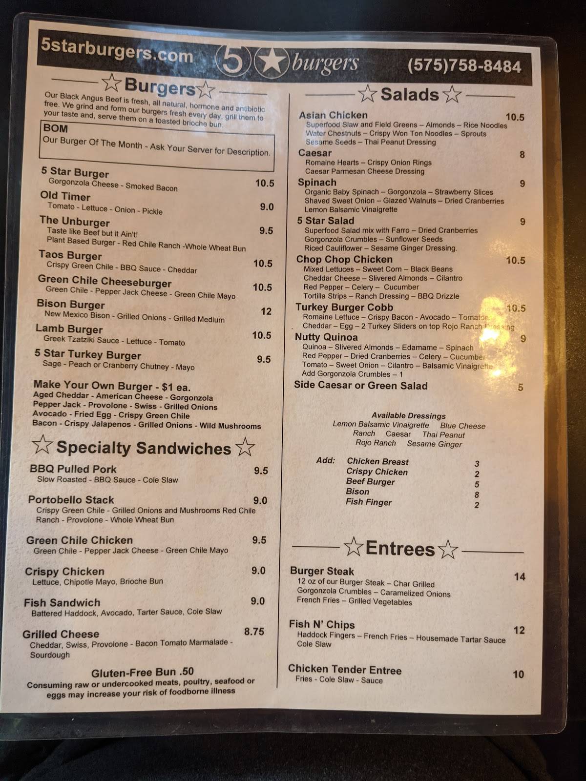 Menu at 5 Star Burgers restaurant, Taos, Paseo Del Pueblo Sur